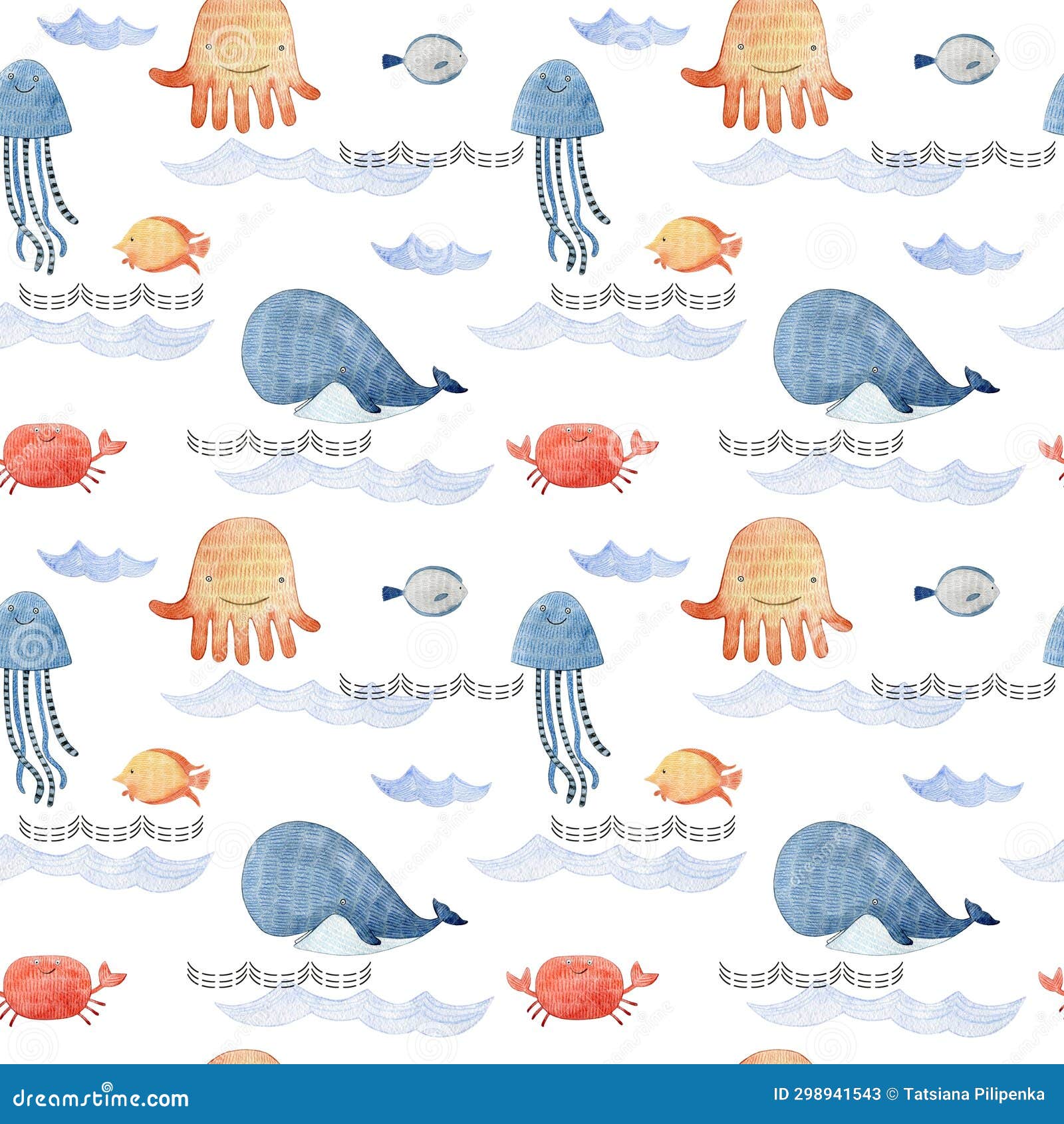 Watercolor Pattern with Sea Creatures. Stock Image - Image of element ...
