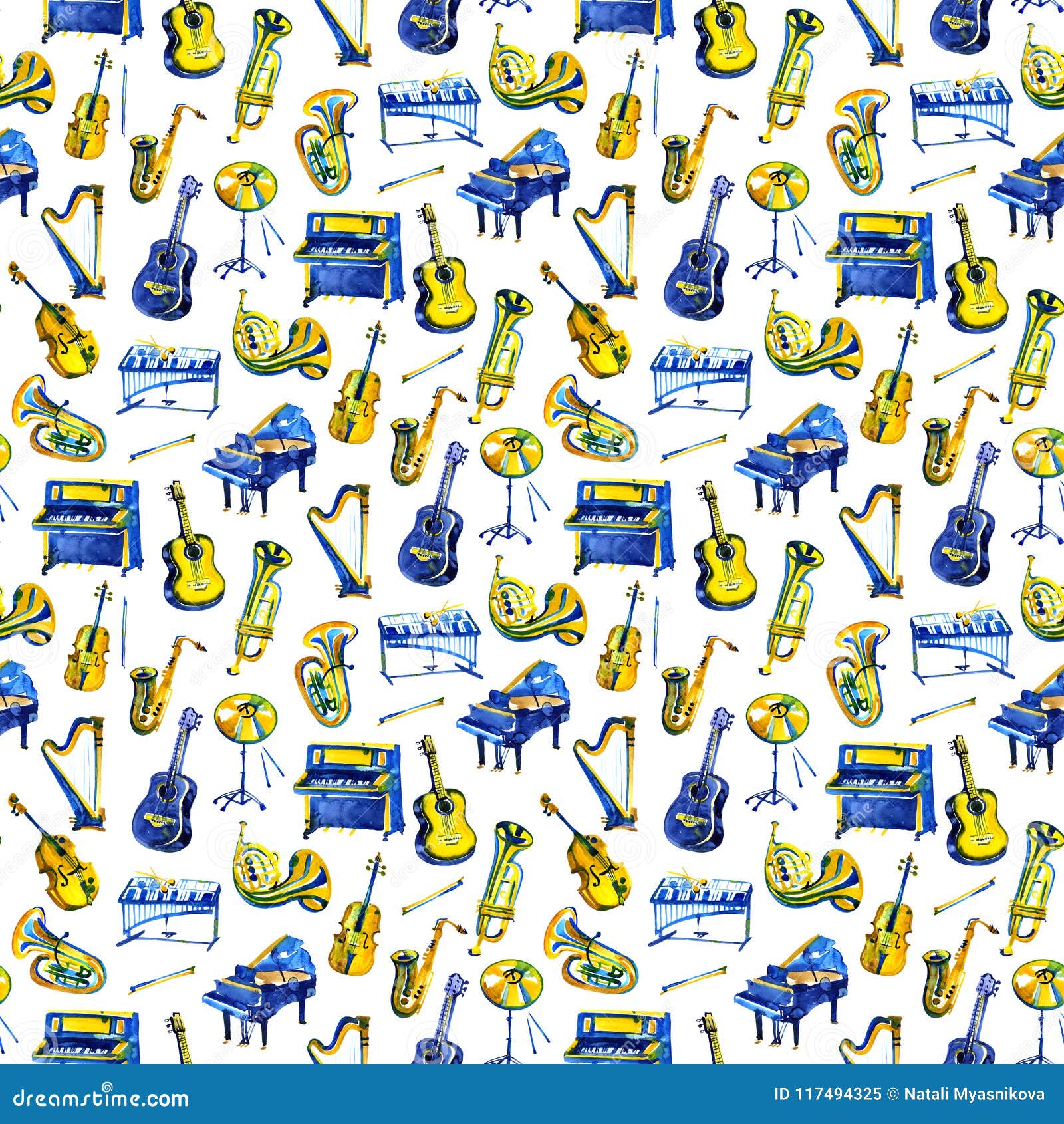 Watercolor Music Pattern. Seamless Background with Musical Instruments ...