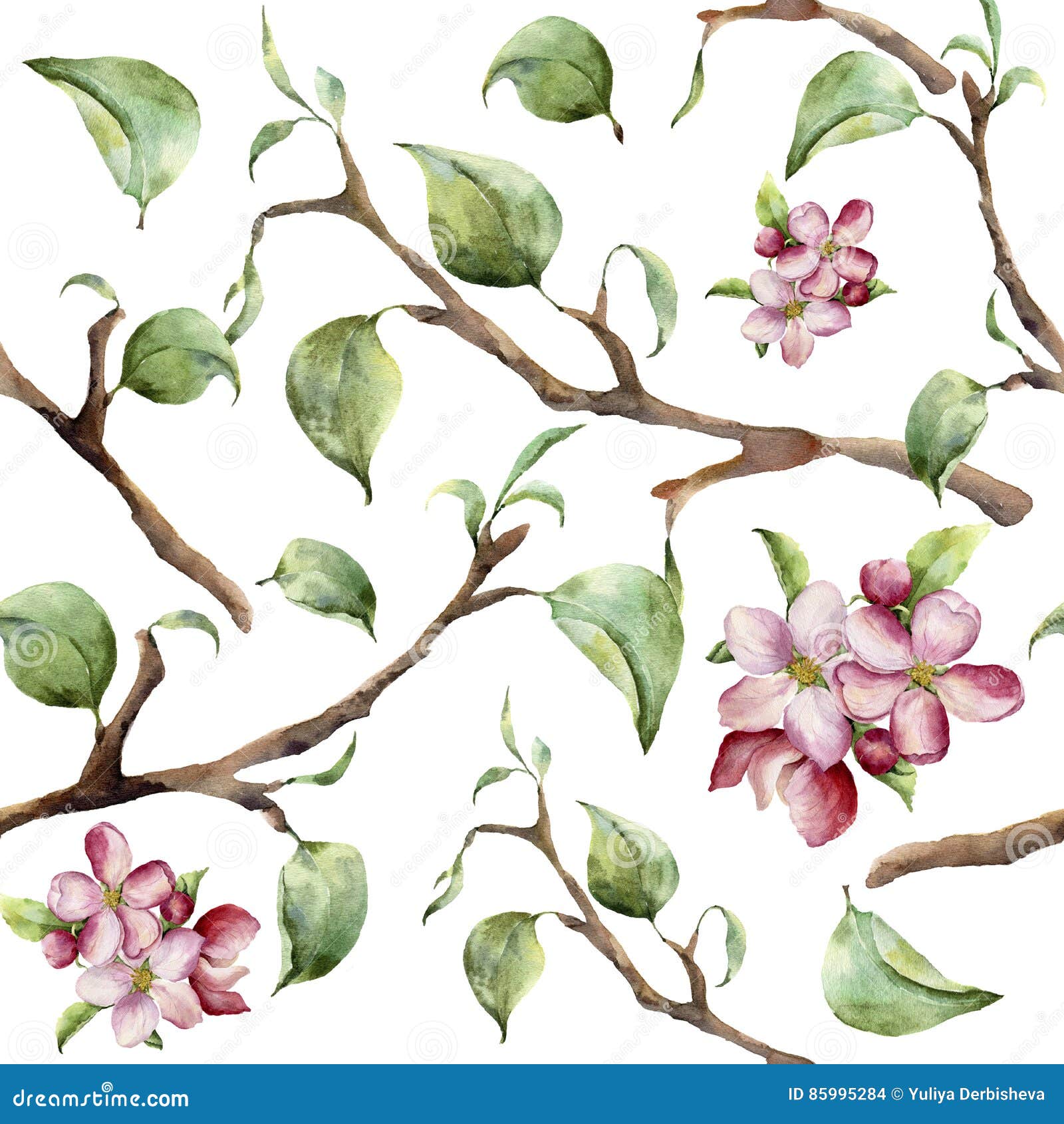 Watercolor Pattern with Tree Branches and Apple Blossom. Hand Painted ...