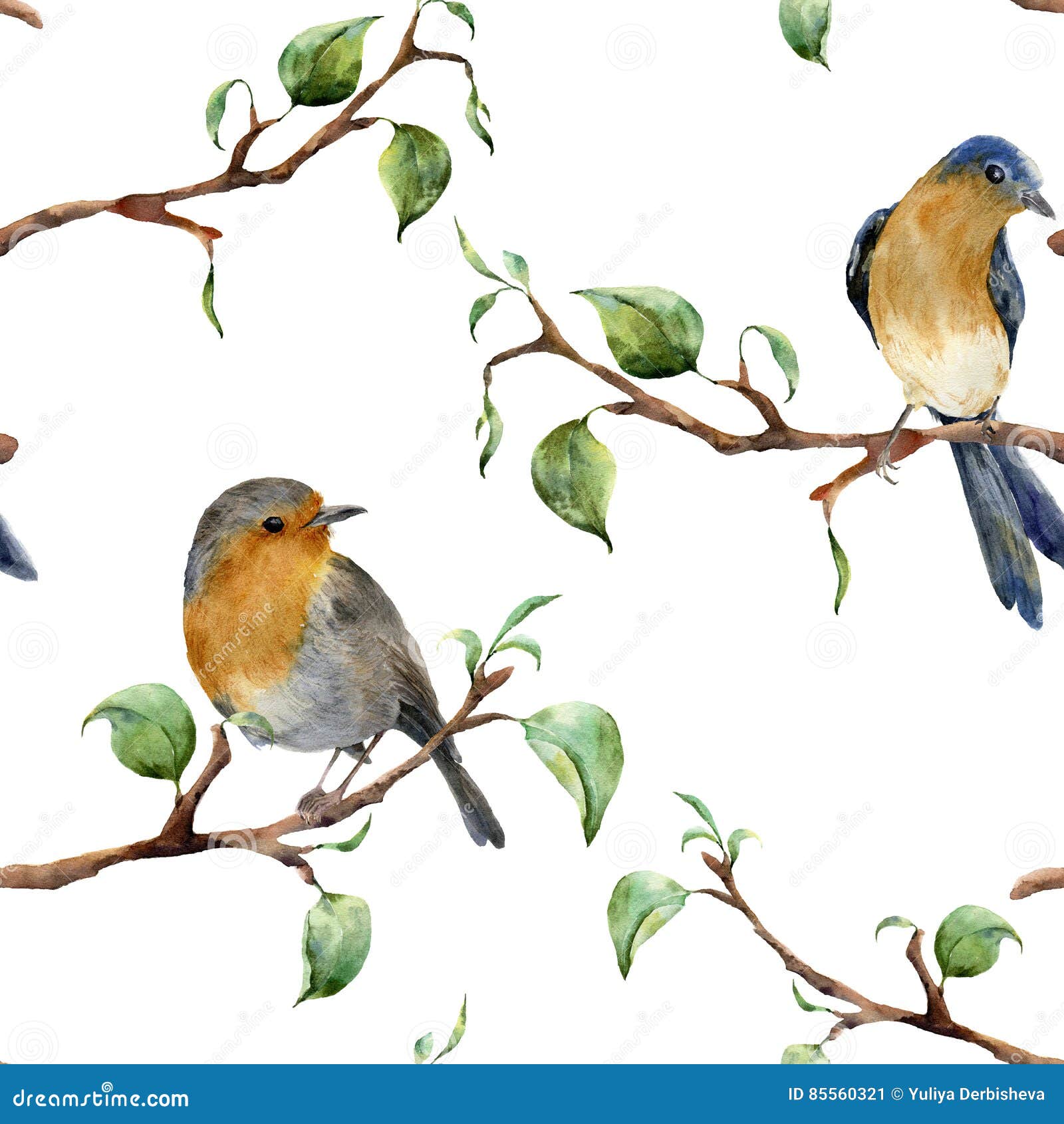 Watercolor Pattern with Tree Branches and Birds. Hand Painted Spring ...