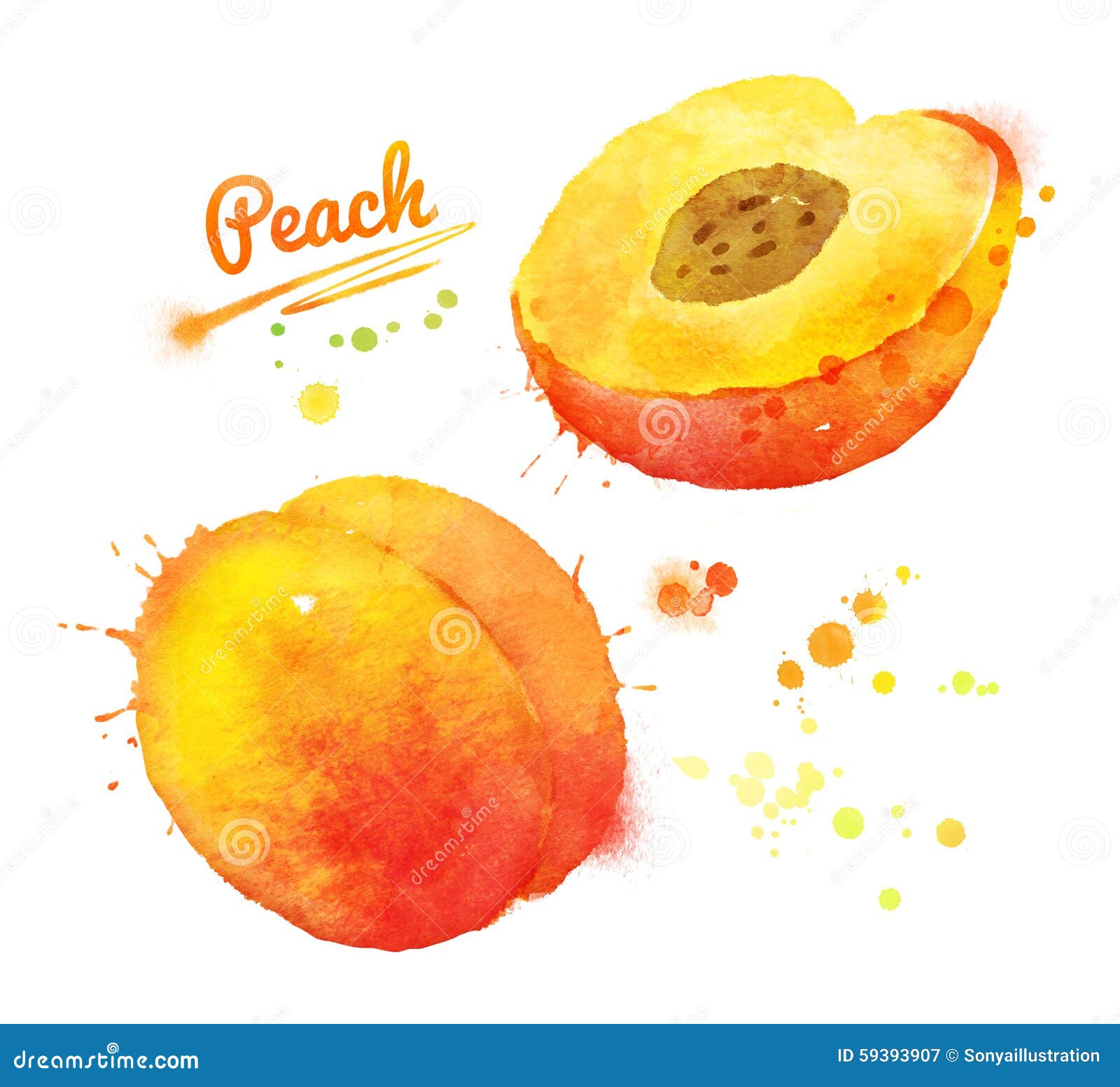 Watercolor Peach With Leaf And Half Cut Peach, Lettering Peach. Hand ...