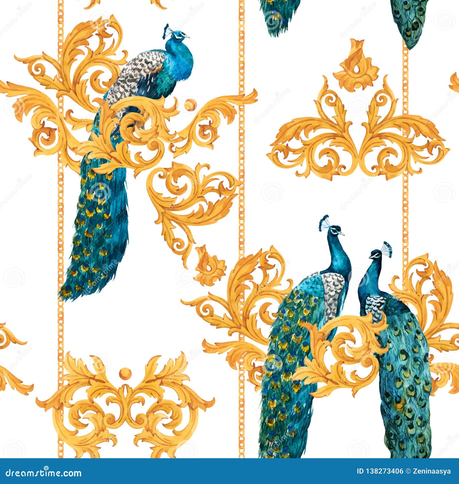 Watercolor Peacock Golden Vector Pattern Stock Vector Illustration Of