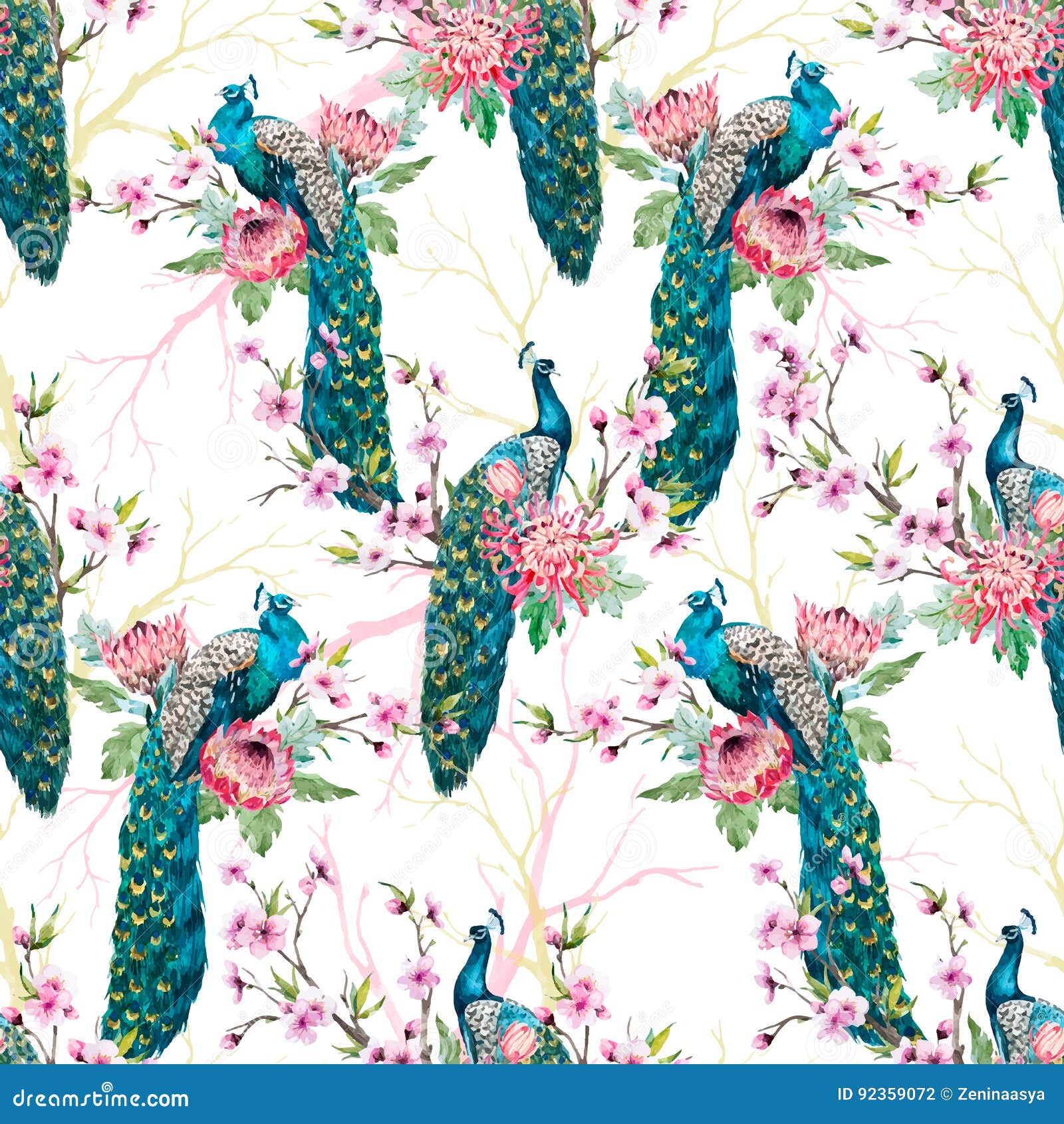 Watercolor Peacock Vector Pattern Stock Vector Illustration Of
