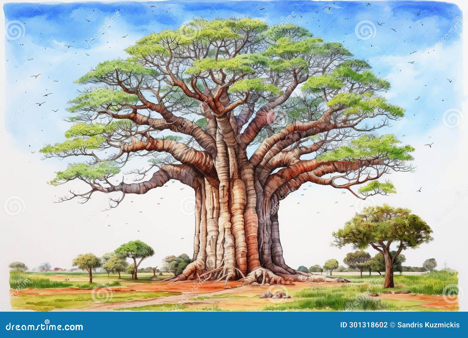 Watercolor and Pencil Drawing of Baobab Tree. Generative AI Stock ...