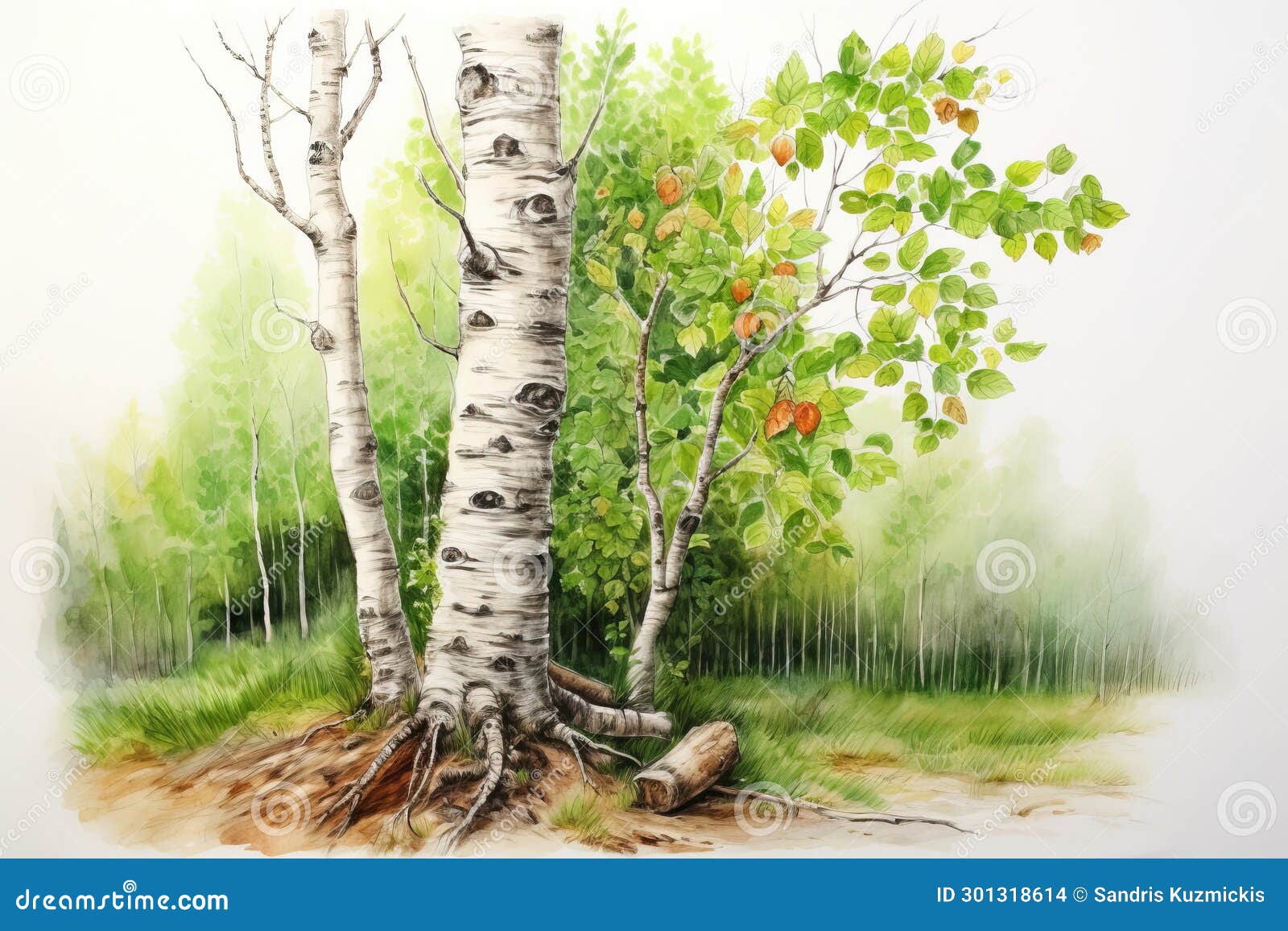 Watercolor and Pencil Drawing of Birch Tree. Generative AI Stock ...