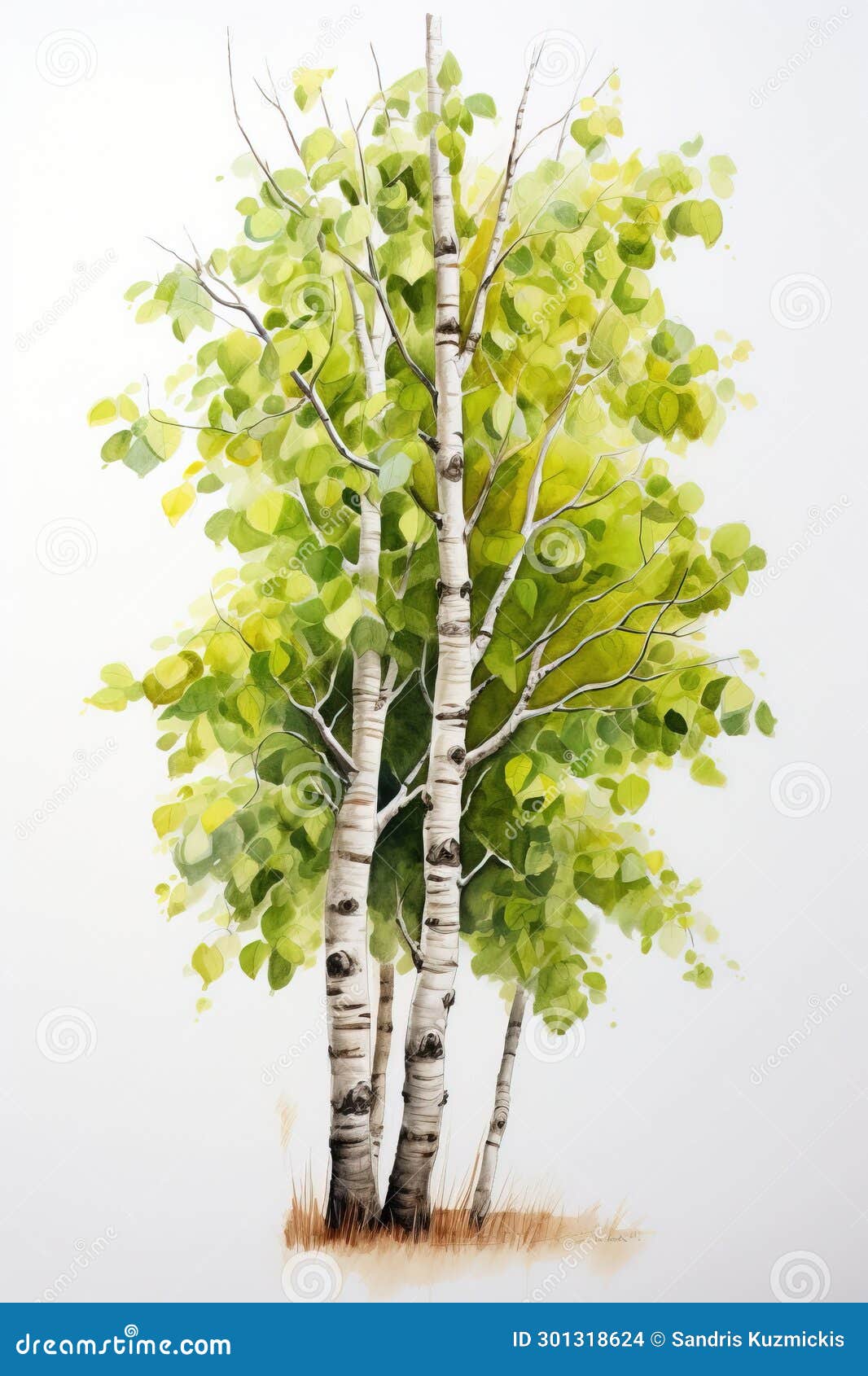 Watercolor and Pencil Drawing of Birch Tree. Generative AI Stock ...