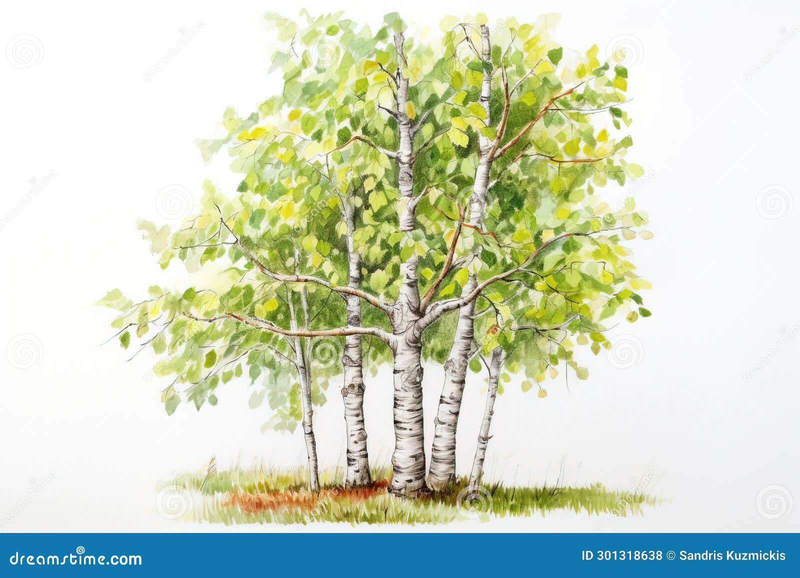 Watercolor and Pencil Drawing of Birch Tree. Generative AI Stock ...