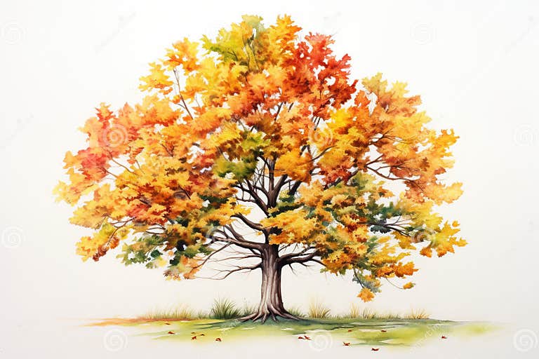 Watercolor and Pencil Drawing of Maple Tree. Generative AI Stock ...