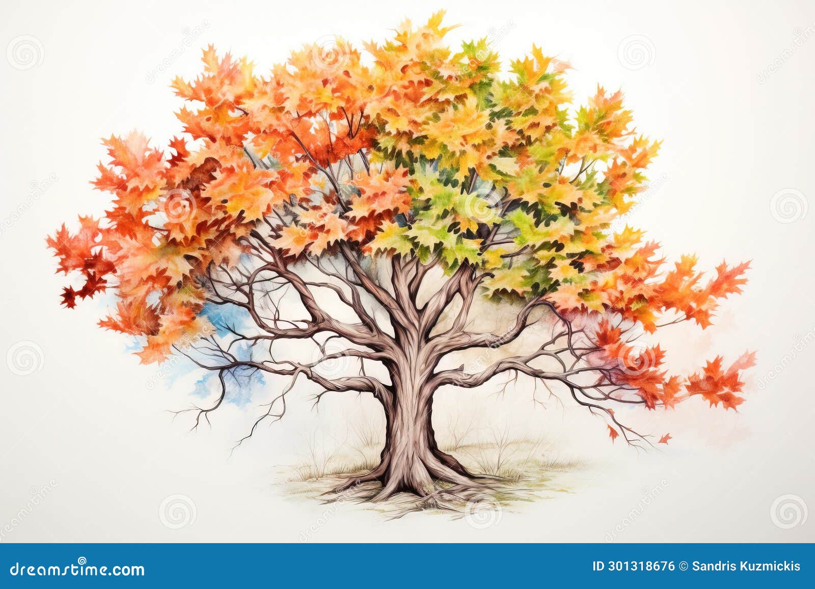 Watercolor and Pencil Drawing of Maple Tree. Generative AI Stock ...