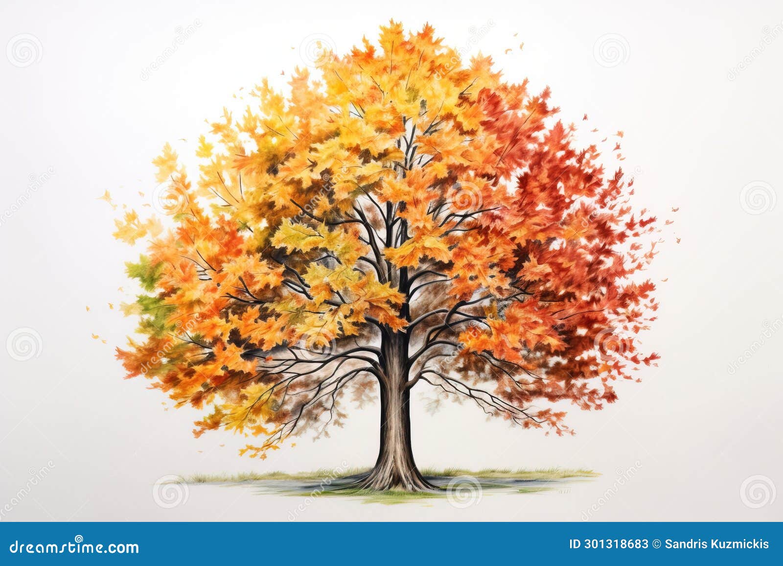 Watercolor and Pencil Drawing of Maple Tree. Generative AI Stock ...