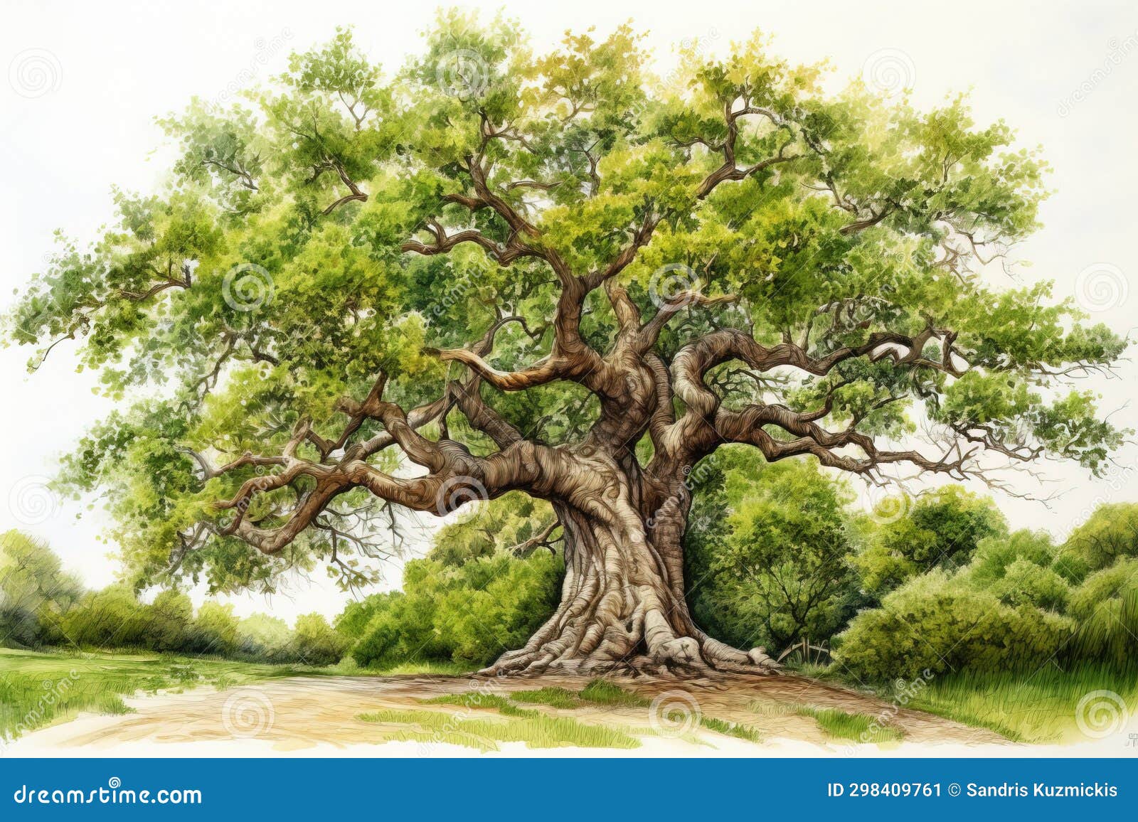 Watercolor and Pencil Drawing of Oak Tree. Generative AI Stock ...