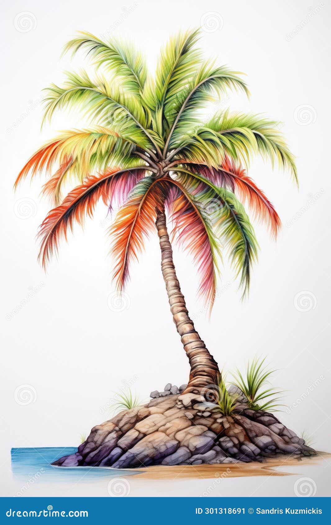 Watercolor and Pencil Drawing of Palm Tree. Generative AI Stock ...