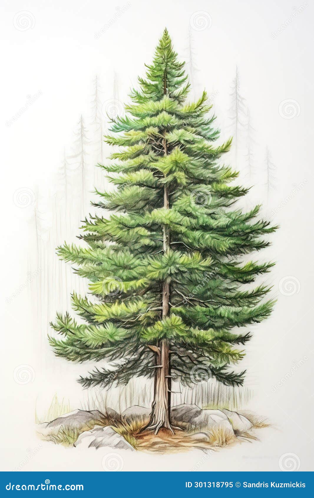 Watercolor and Pencil Drawing of Spruce Tree. Generative AI Stock ...