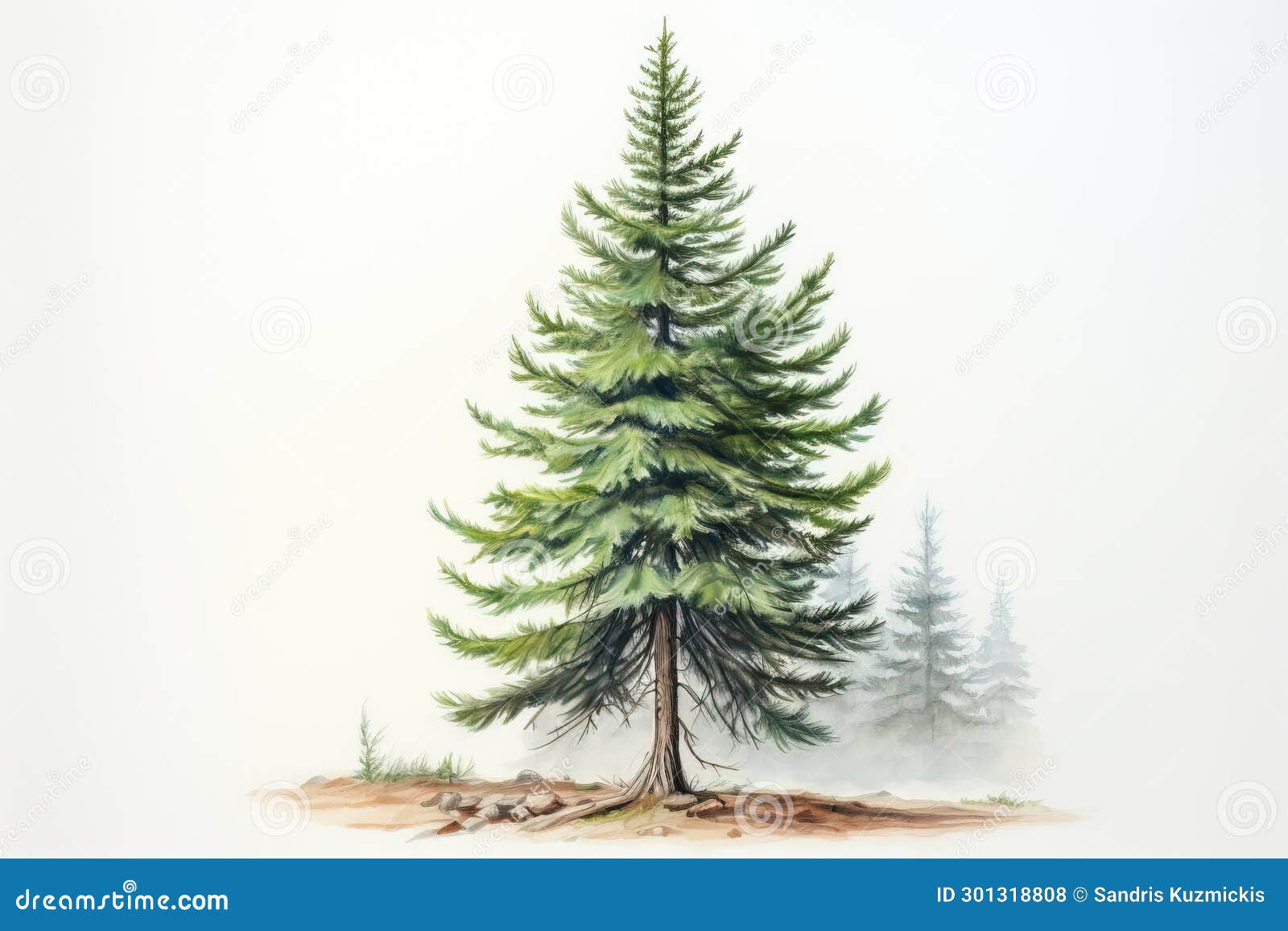 Watercolor and Pencil Drawing of Spruce Tree. Generative AI Stock ...