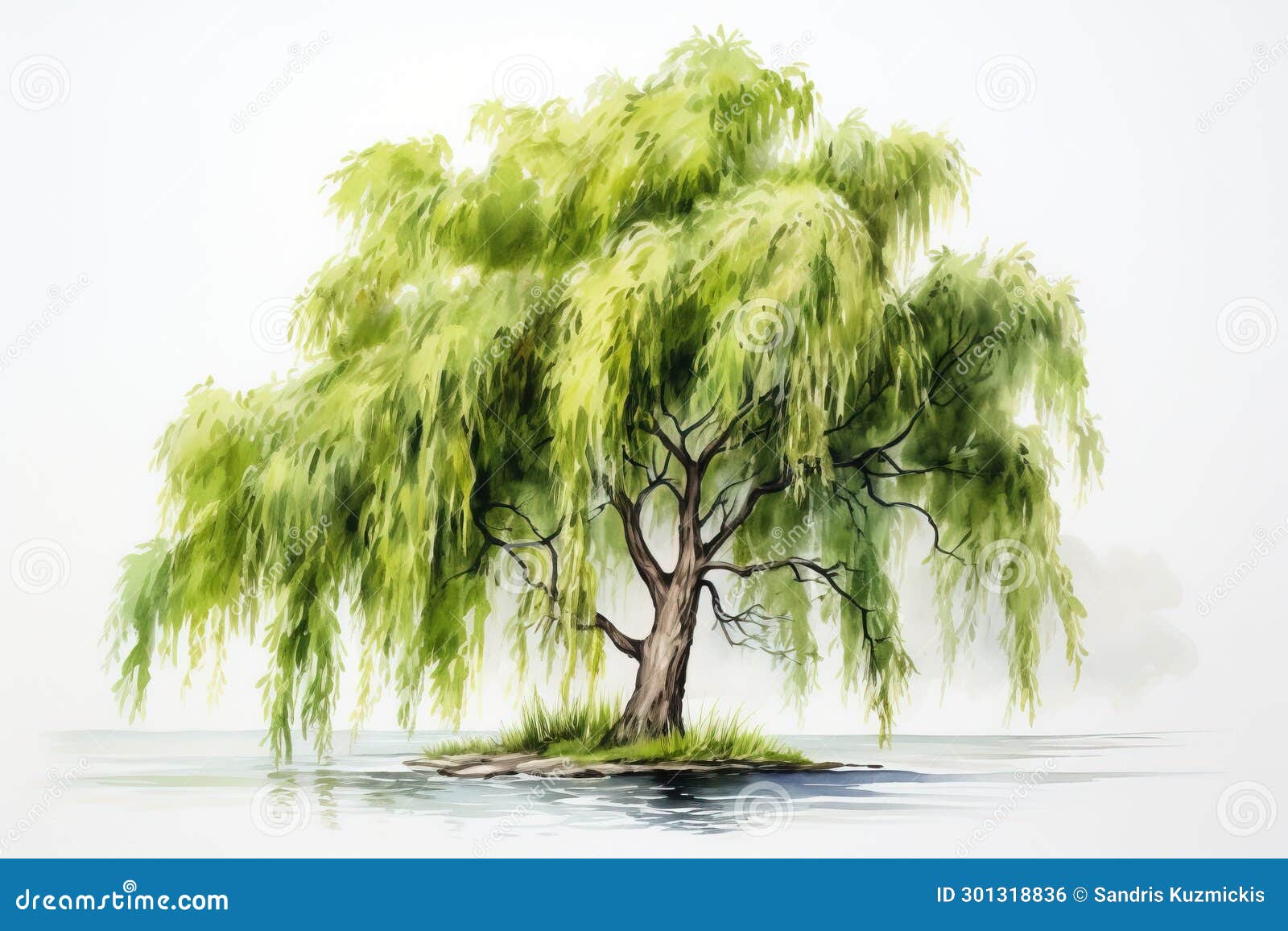 Watercolor and Pencil Drawing of Willow Tree. Generative AI Stock ...