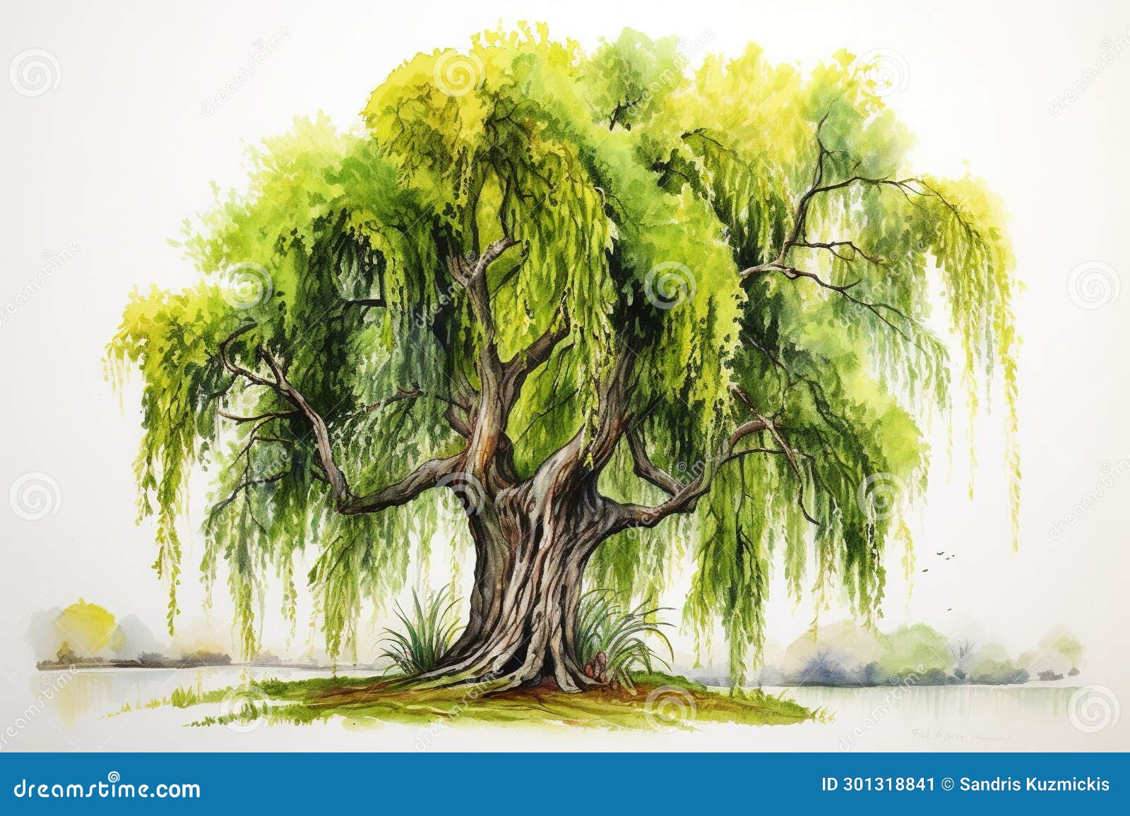 Watercolor and Pencil Drawing of Willow Tree. Generative AI Stock ...