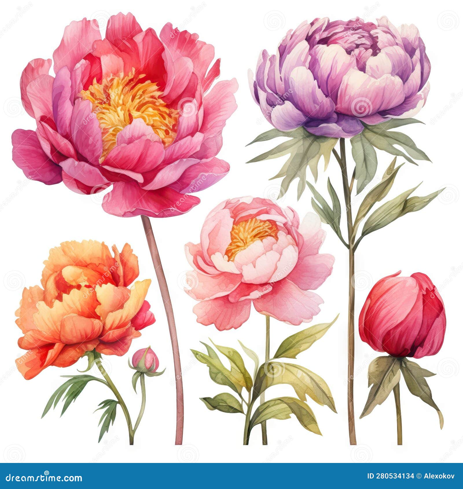 Watercolor Peonies on White Background . Stock Illustration ...