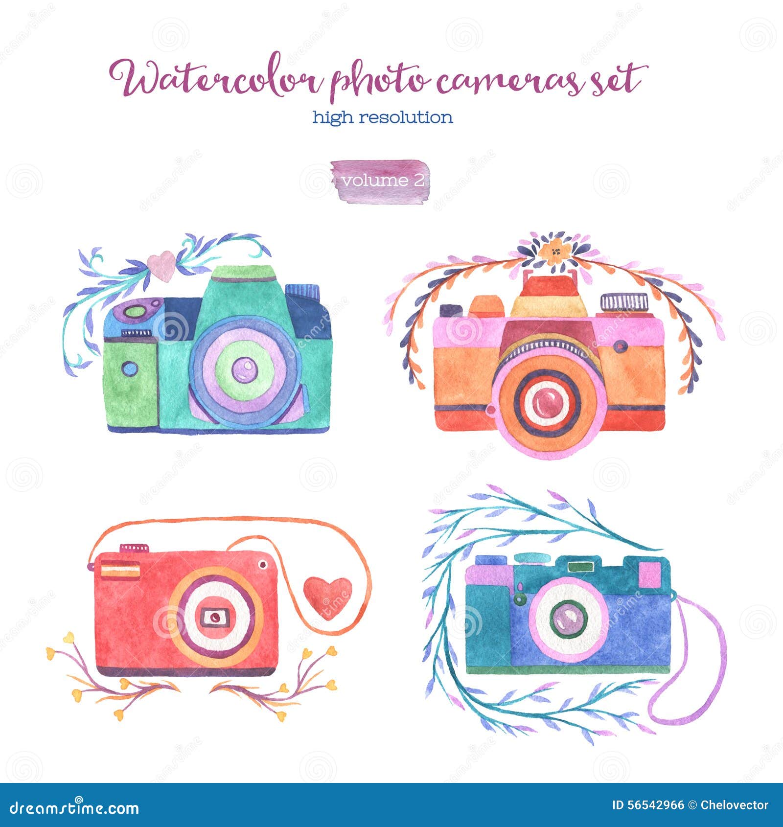 Watercolor Photo Cameras And Floral Arrangements. Hand Drawn Pastel ...