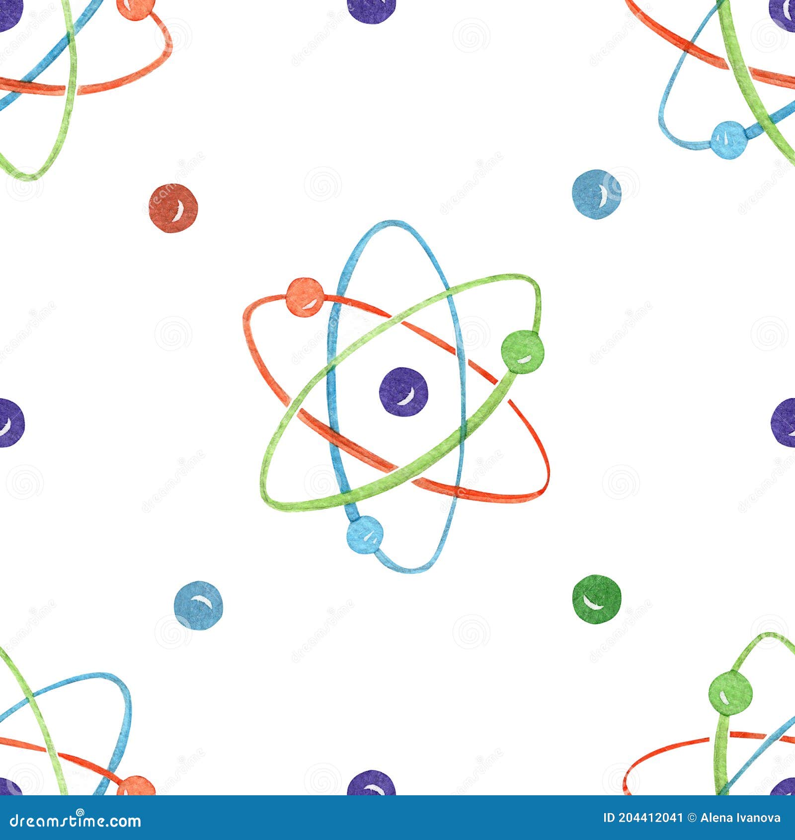 Watercolor Physics Atomic Model Seamless Pattern on White Background ...