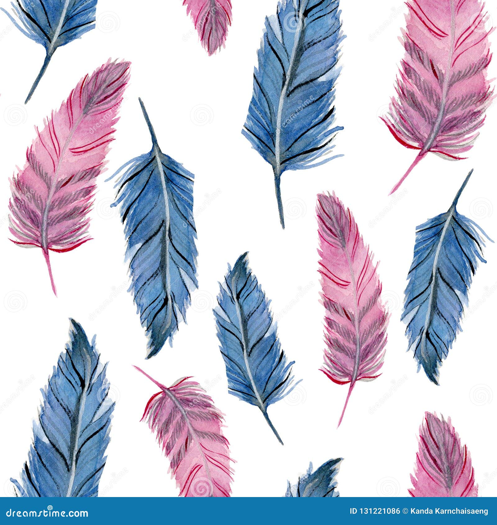 Watercolor Pink and Blue Feathers Seamless Pattern Stock Illustration ...