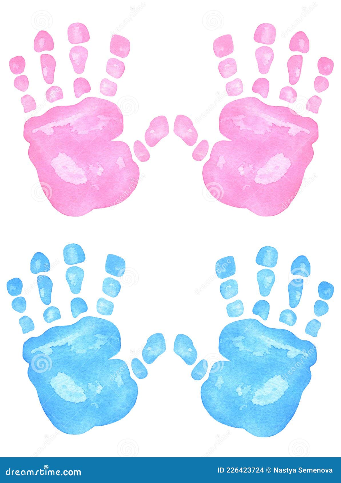 Watercolor Pink Blue Handprints, Hand Drawn Illustration Stock Photo ...