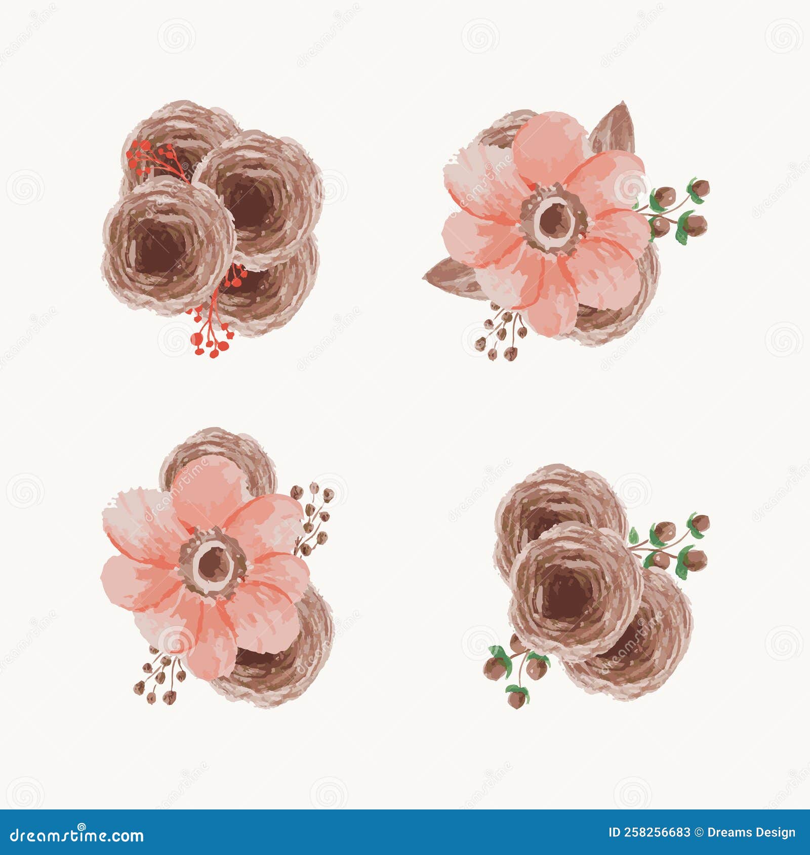 Watercolor Pink and Brown Flowers Stock Vector - Illustration of ...
