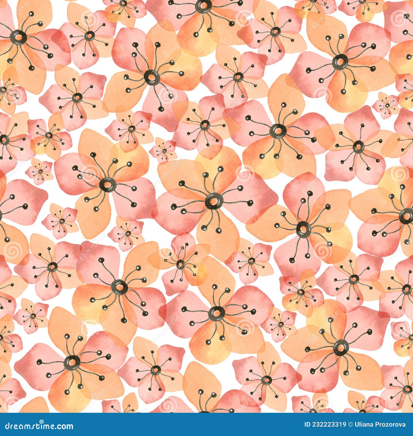 Watercolor Pink Flowers Seamless Pattern Stock Vector - Illustration of ...