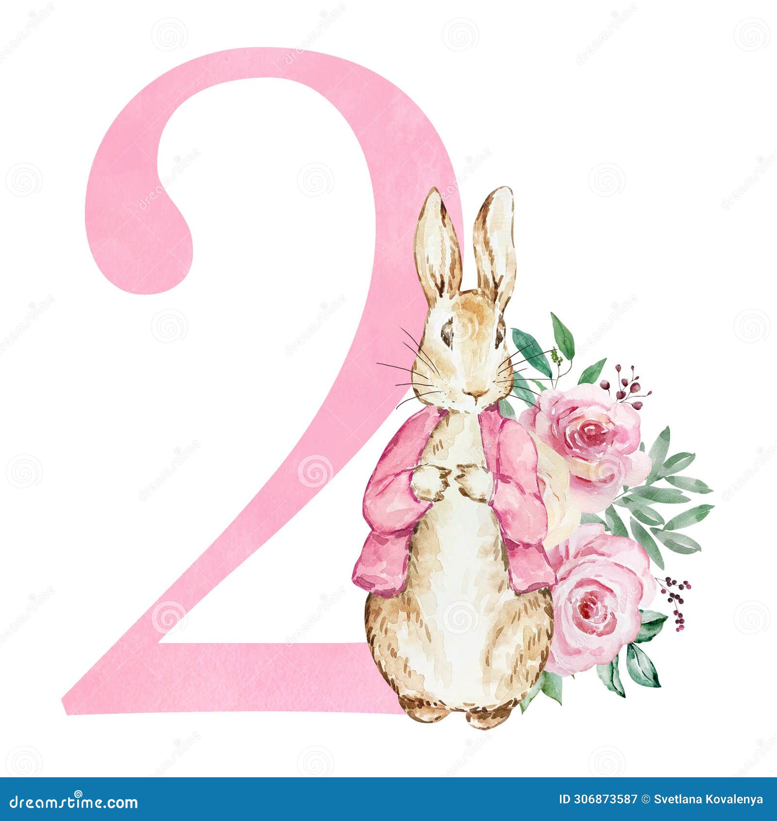 Watercolor Pink Number 2 with Peter Rabbit Stock Illustration ...