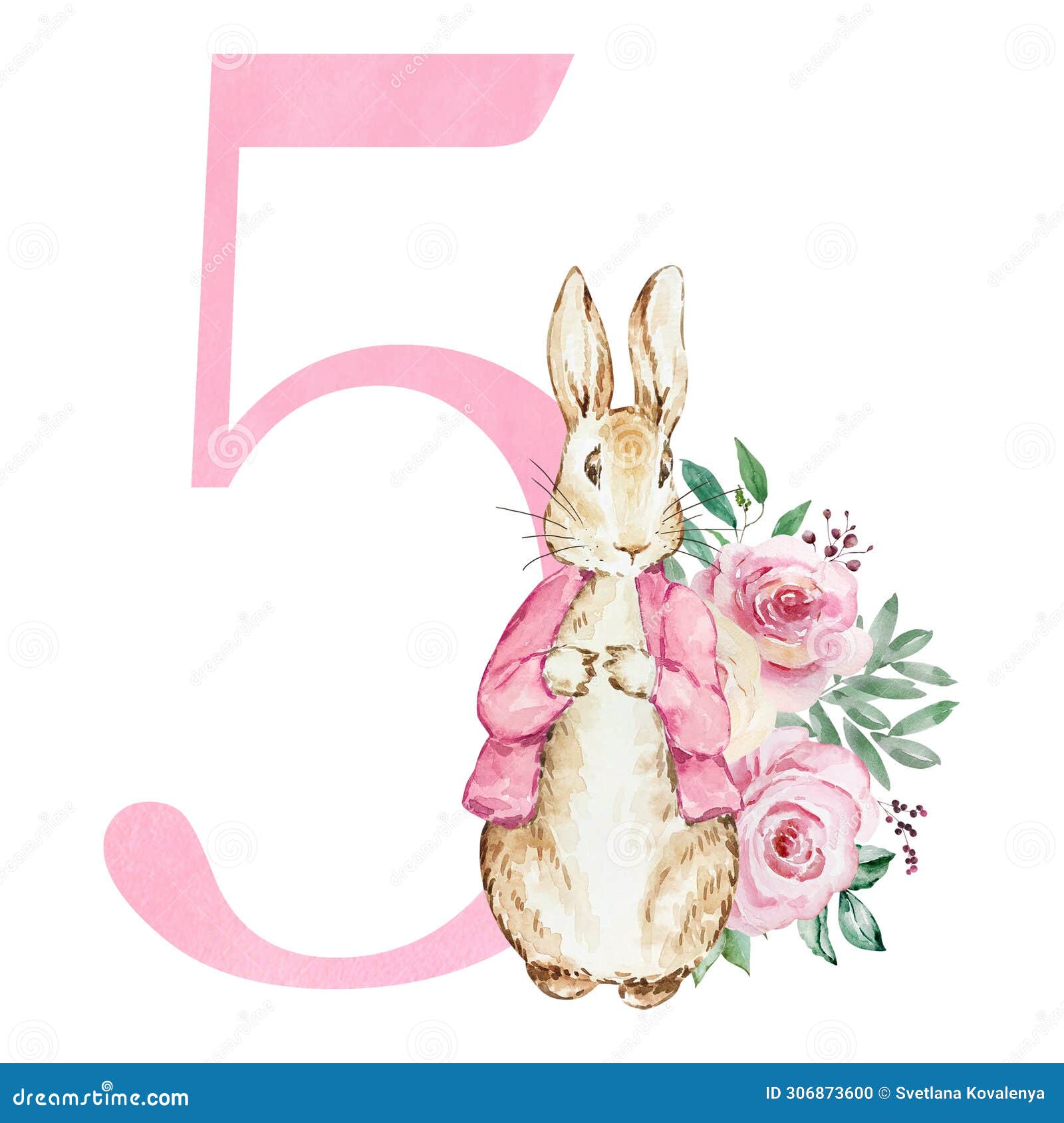 Watercolor Pink Number 5 with Peter Rabbit Stock Illustration ...