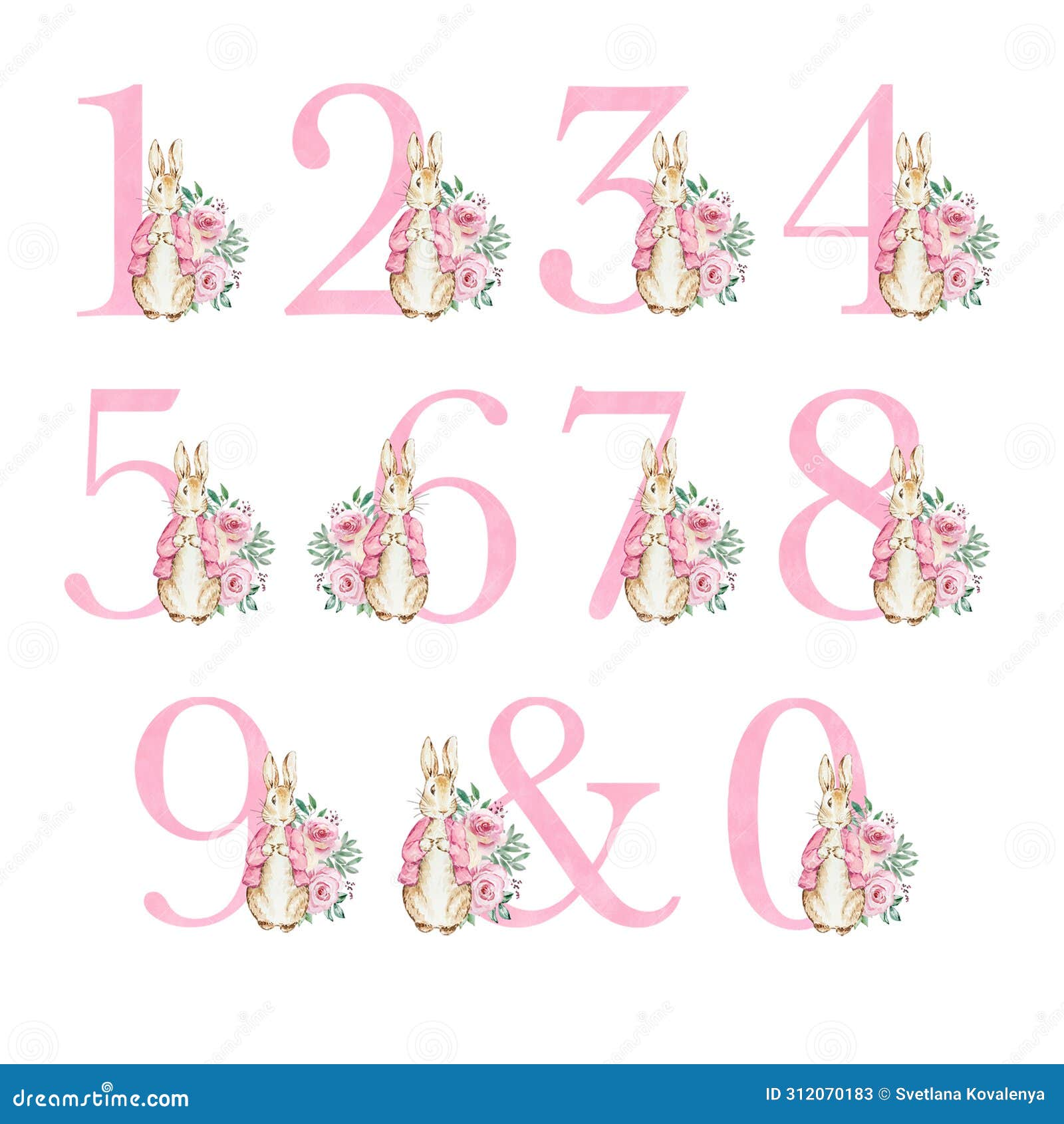 Watercolor Pink Numbers Set with Peter Rabbit Stock Vector ...