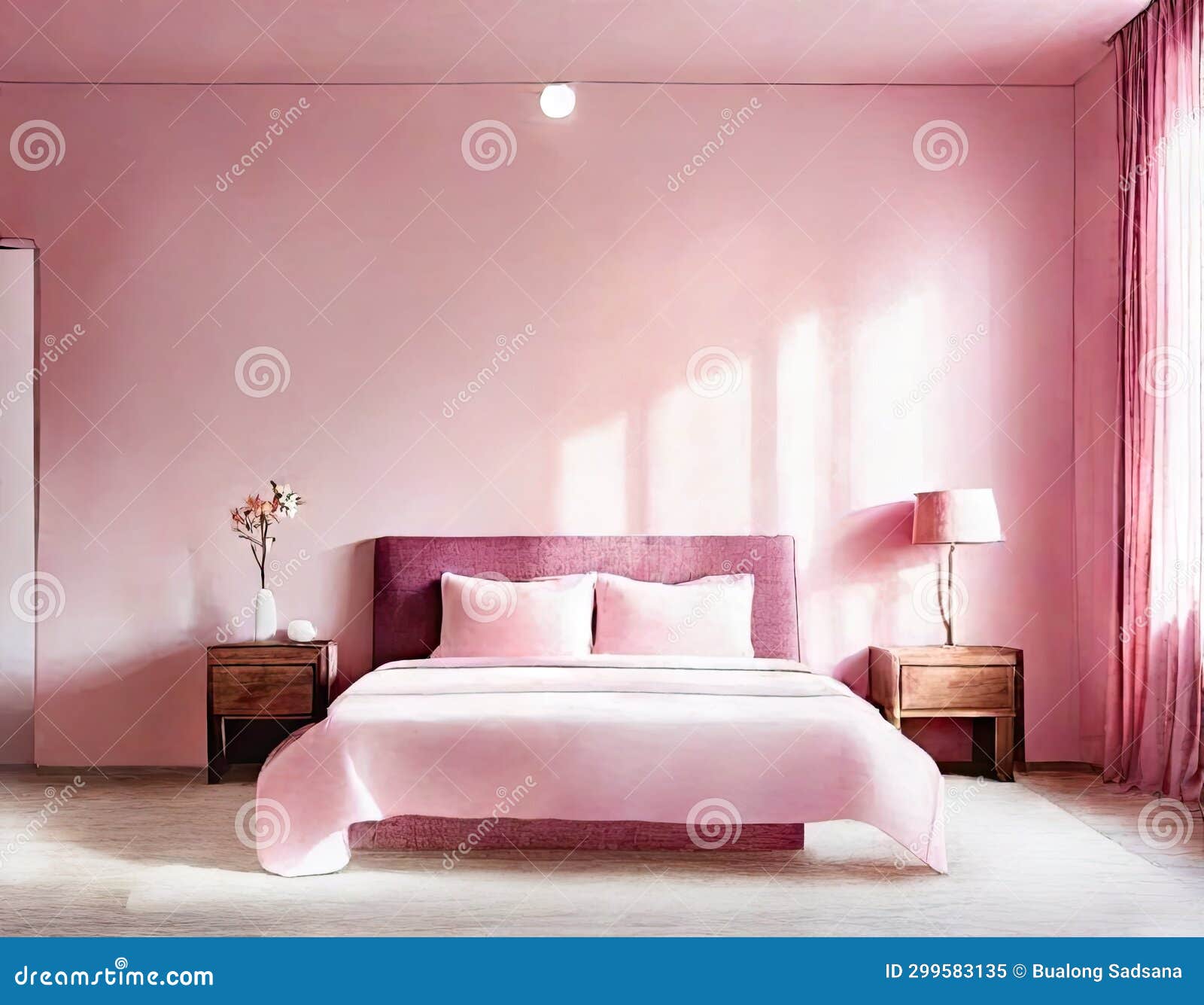Watercolor of Pink Room with Bed Stock Illustration - Illustration of ...