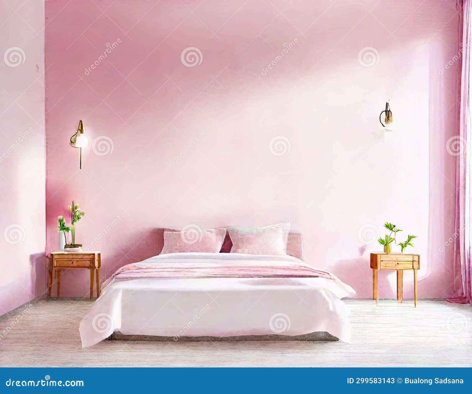 Watercolor of Pink Room with Bed Stock Illustration - Illustration of ...
