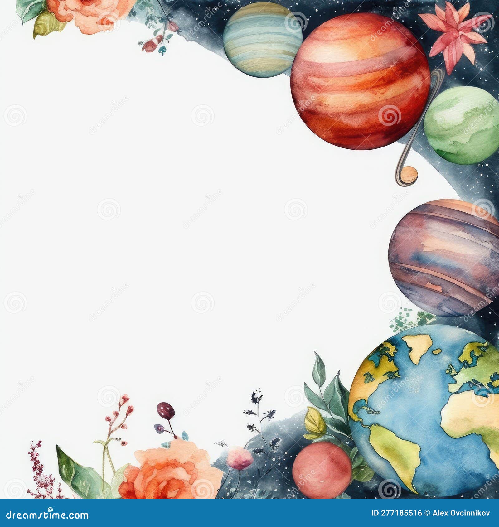 Watercolor Planets Border Design for Invitations and Posters. Stock ...