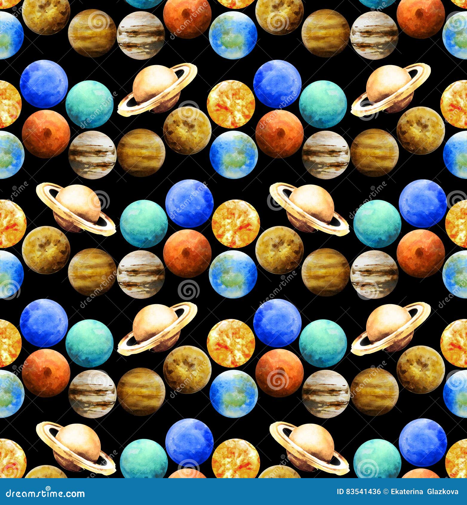 Watercolor planets pattern stock photo. Image of pattern - 83541436