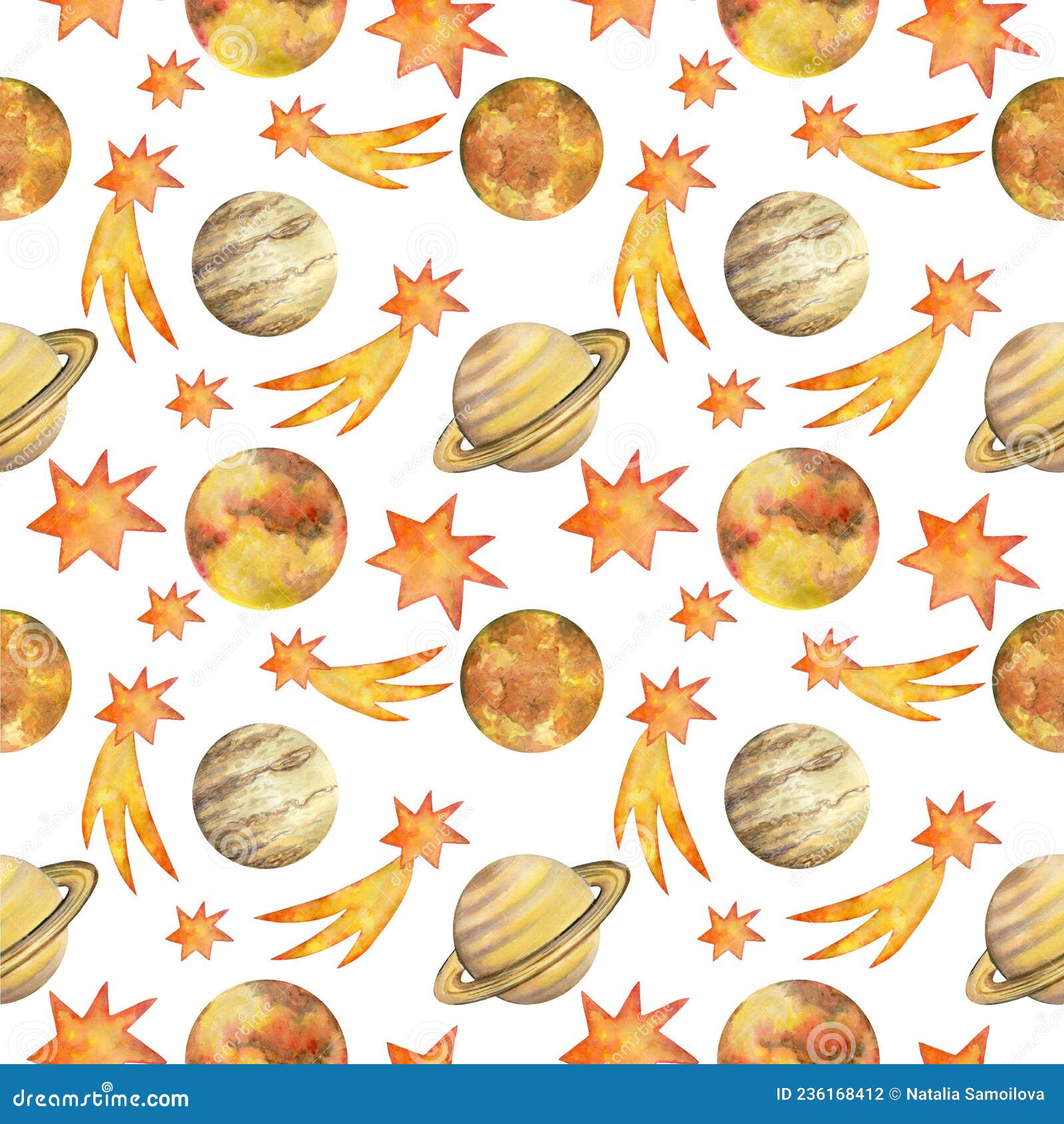 Watercolor Planets, Stars and Yellow Comets, Seamless Pattern, Banner ...