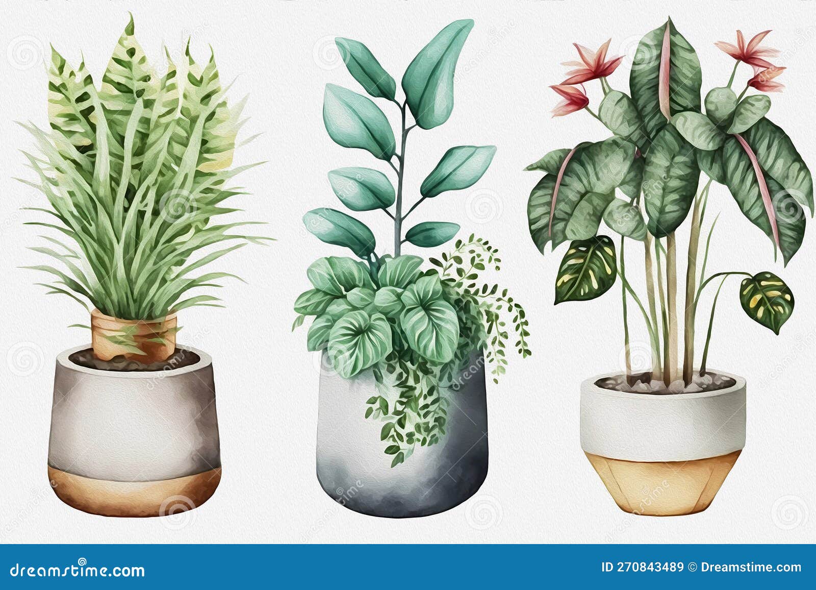 Watercolor Plants In Pots Collection On White. Generative Ai Design ...