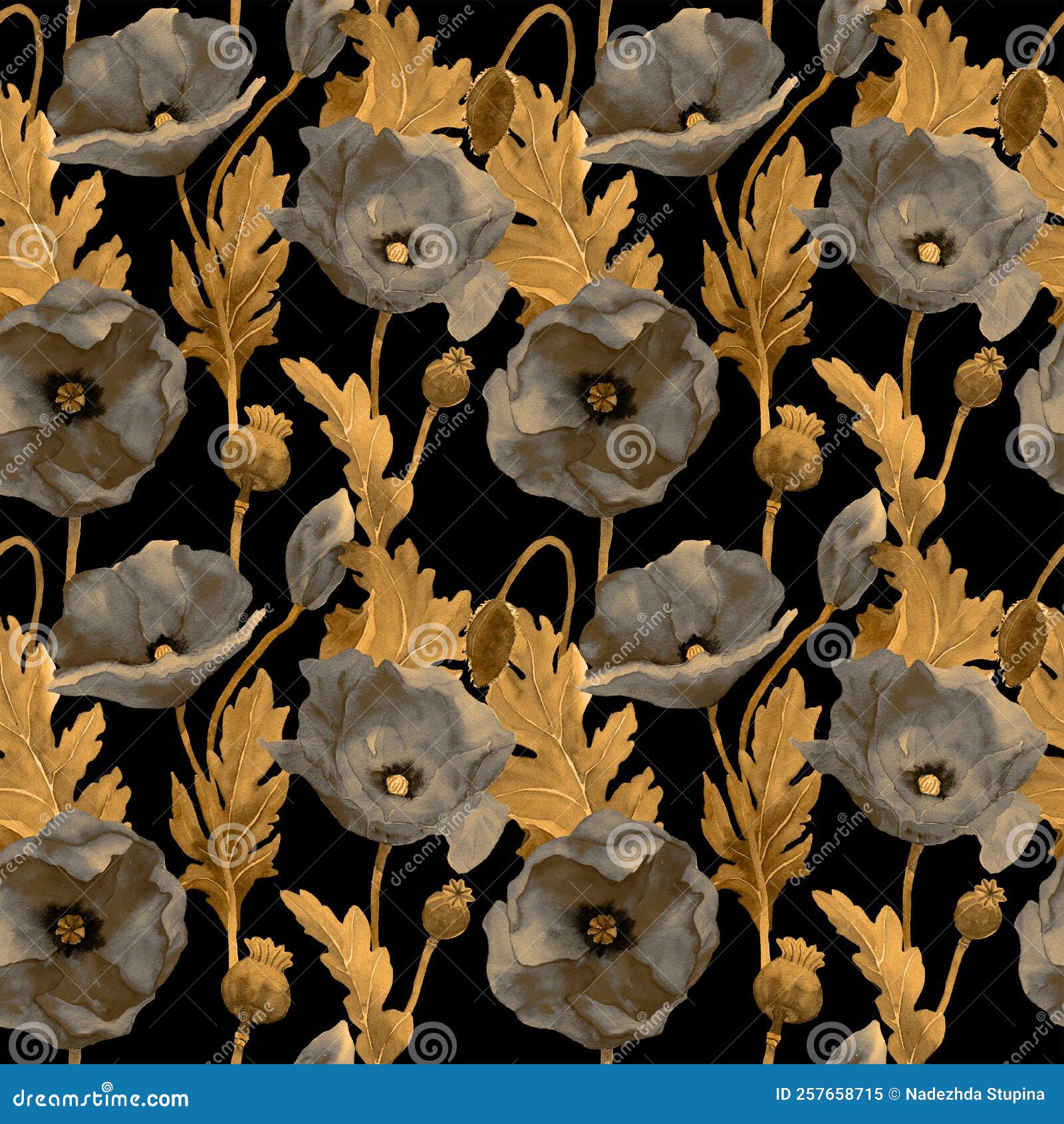 Watercolor Poppies In Vintage Seamless Pattern Retro Tapestry Tracery