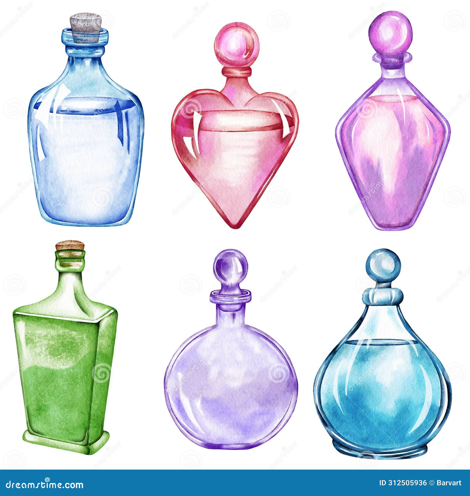 Watercolor Potion Bottles. Love Potion and Elixir Hand Drawn ...