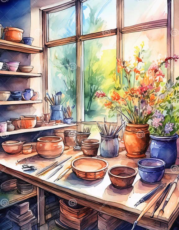 Watercolor of a Pottery Workspace with Tools and Plants by a Window ...