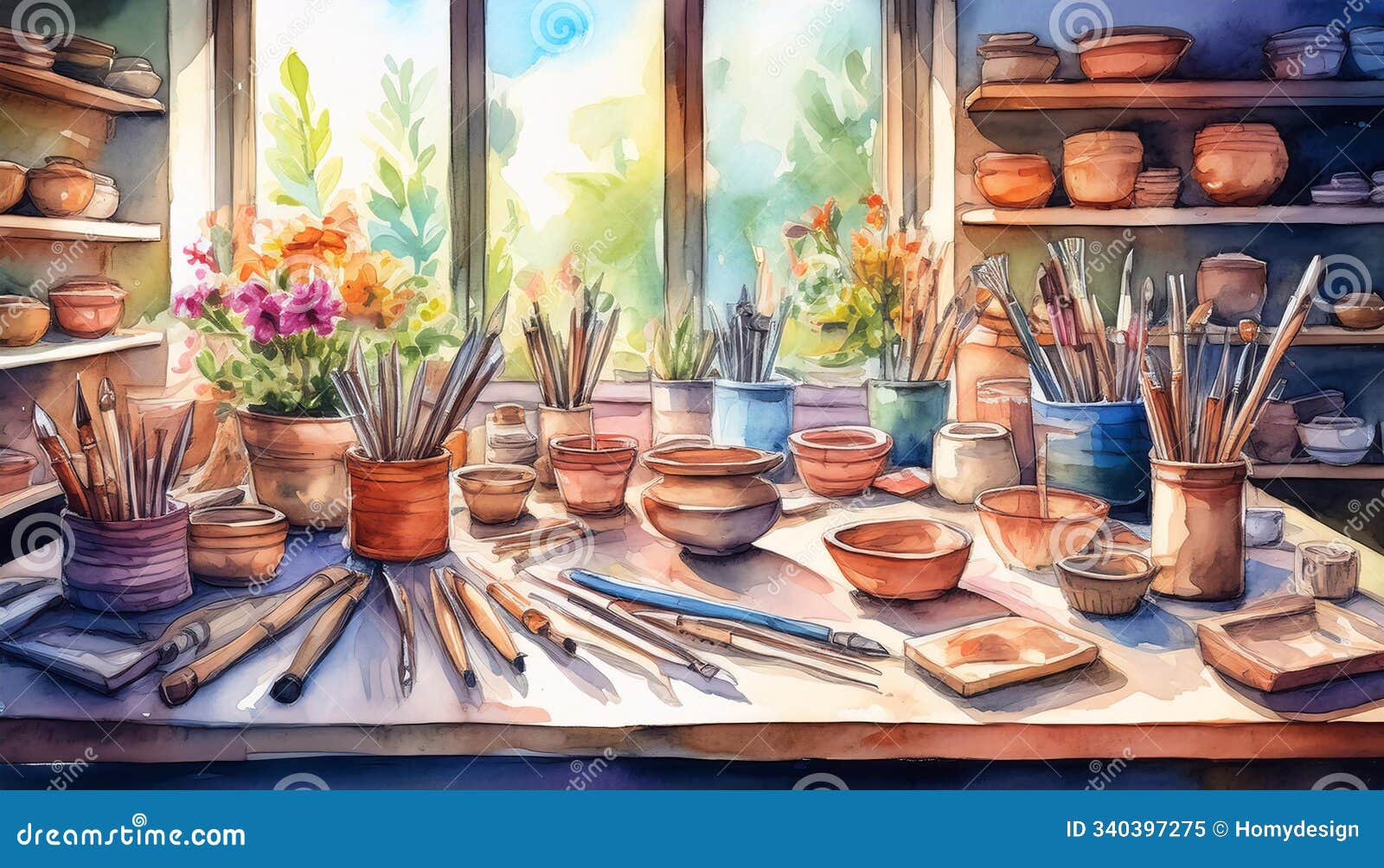 Watercolor of a Pottery Workspace with Tools and Plants by a Window ...
