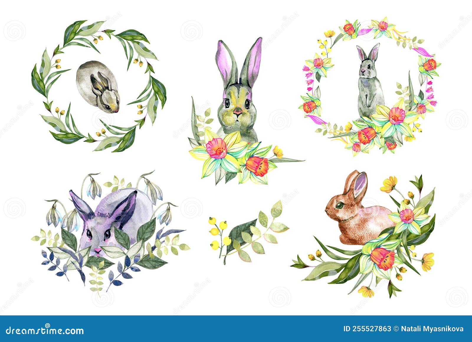 Watercolor Rabbit Portrait with Flower Wreath. Springtime Theme Stock ...