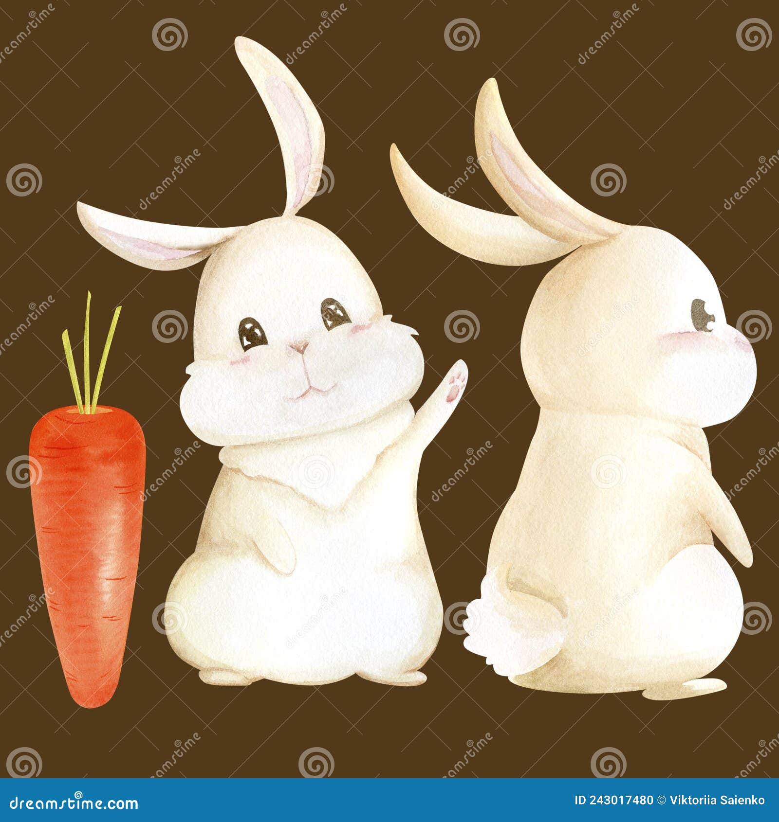 Watercolor Rabbit Set Carrot Plants Back View Stock Photo - Image of ...