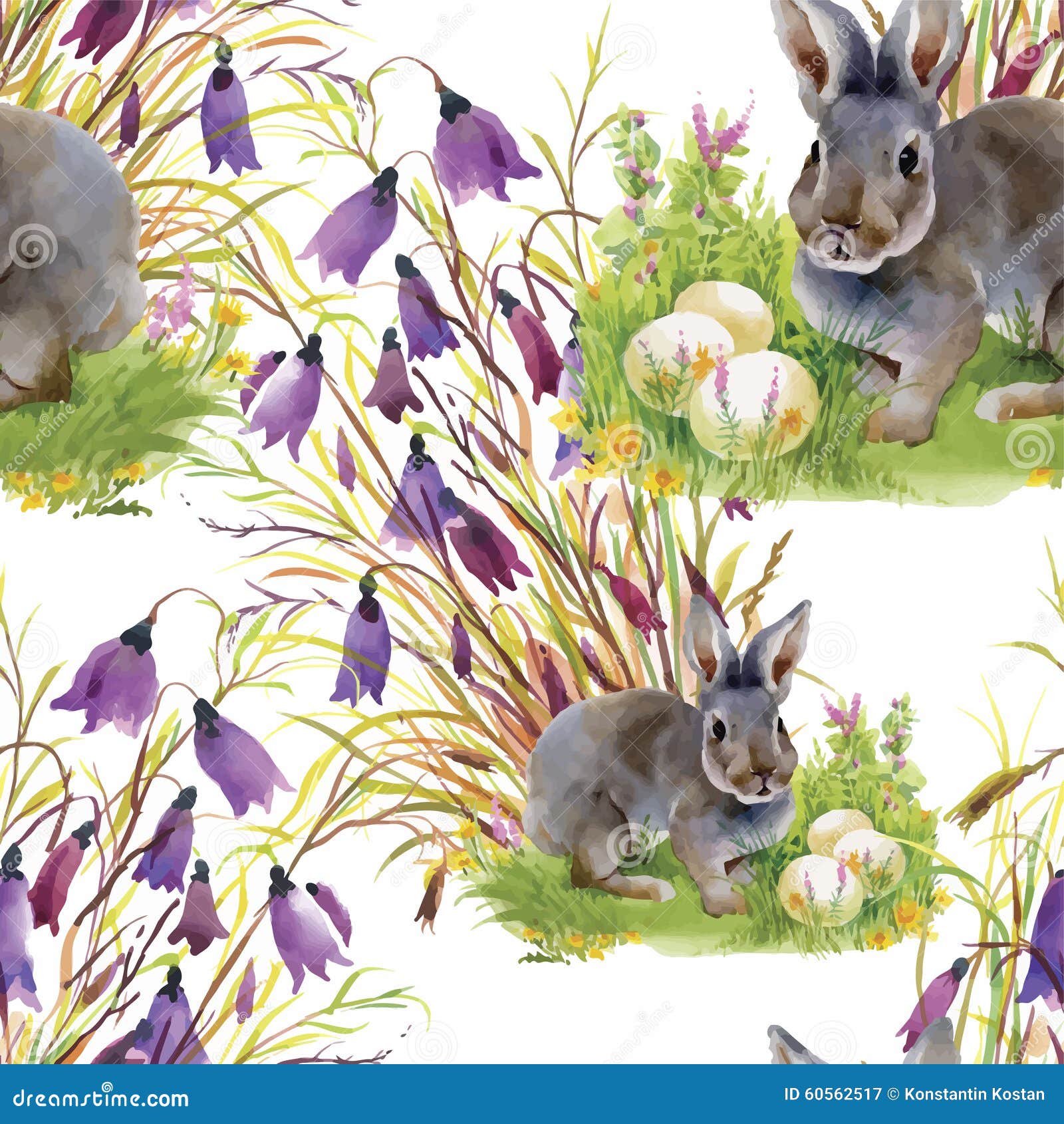 Watercolor Rabbits with Flowers Seamless Pattern Vector Illustration ...