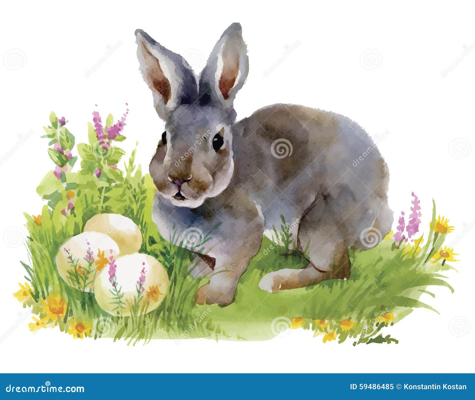 Watercolor Rabbits in Green Grass Vector Illustration Stock Vector ...