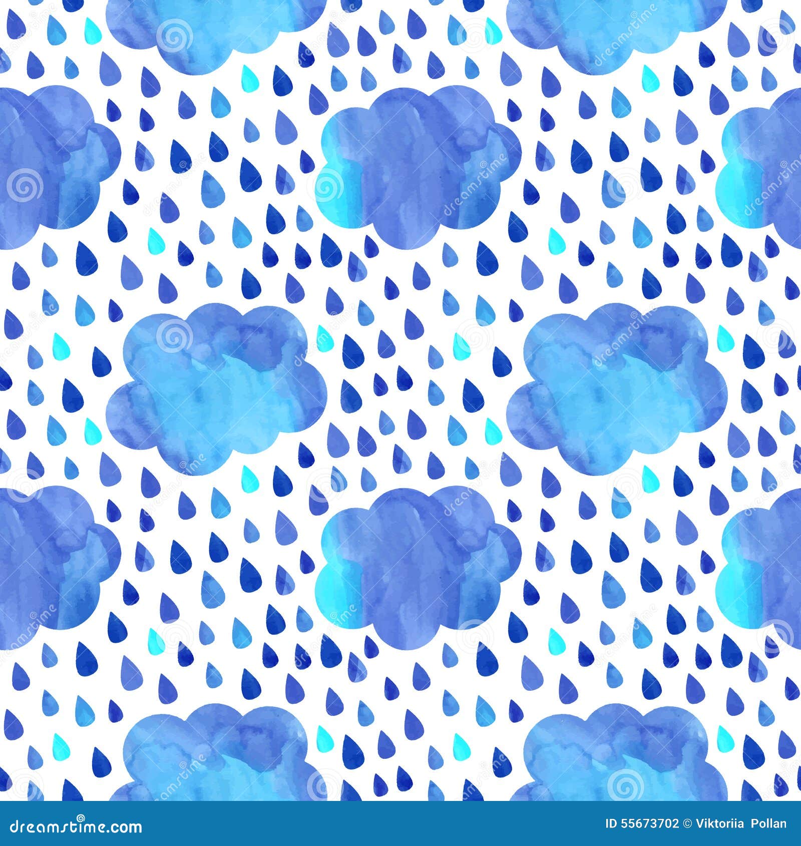 Watercolor Rainy Clouds with Drops Seamless Vector Pattern (blue and ...