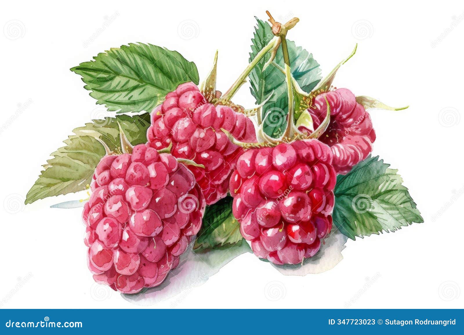 Watercolor Raspberry Beautiful Fruit with Leaves,white Background Stock ...