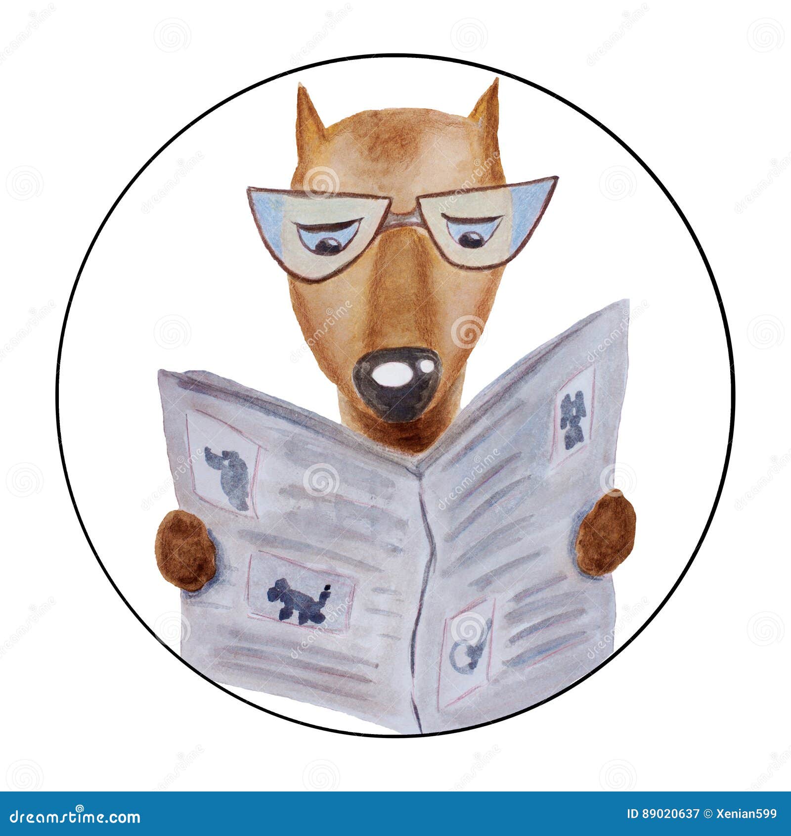 Watercolor Reading dog stock image. Illustration of hand - 89020637