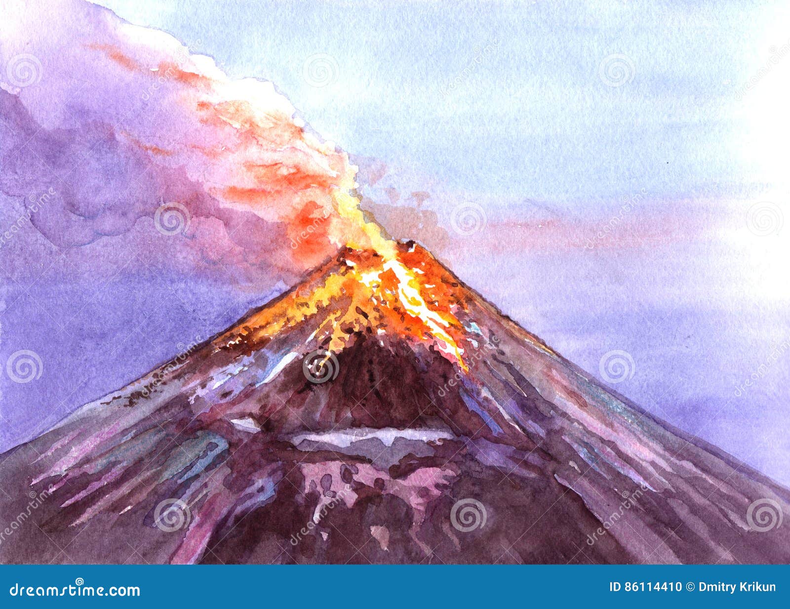 Watercolor Realistic Volcano Isolated on a White Stock Illustration ...