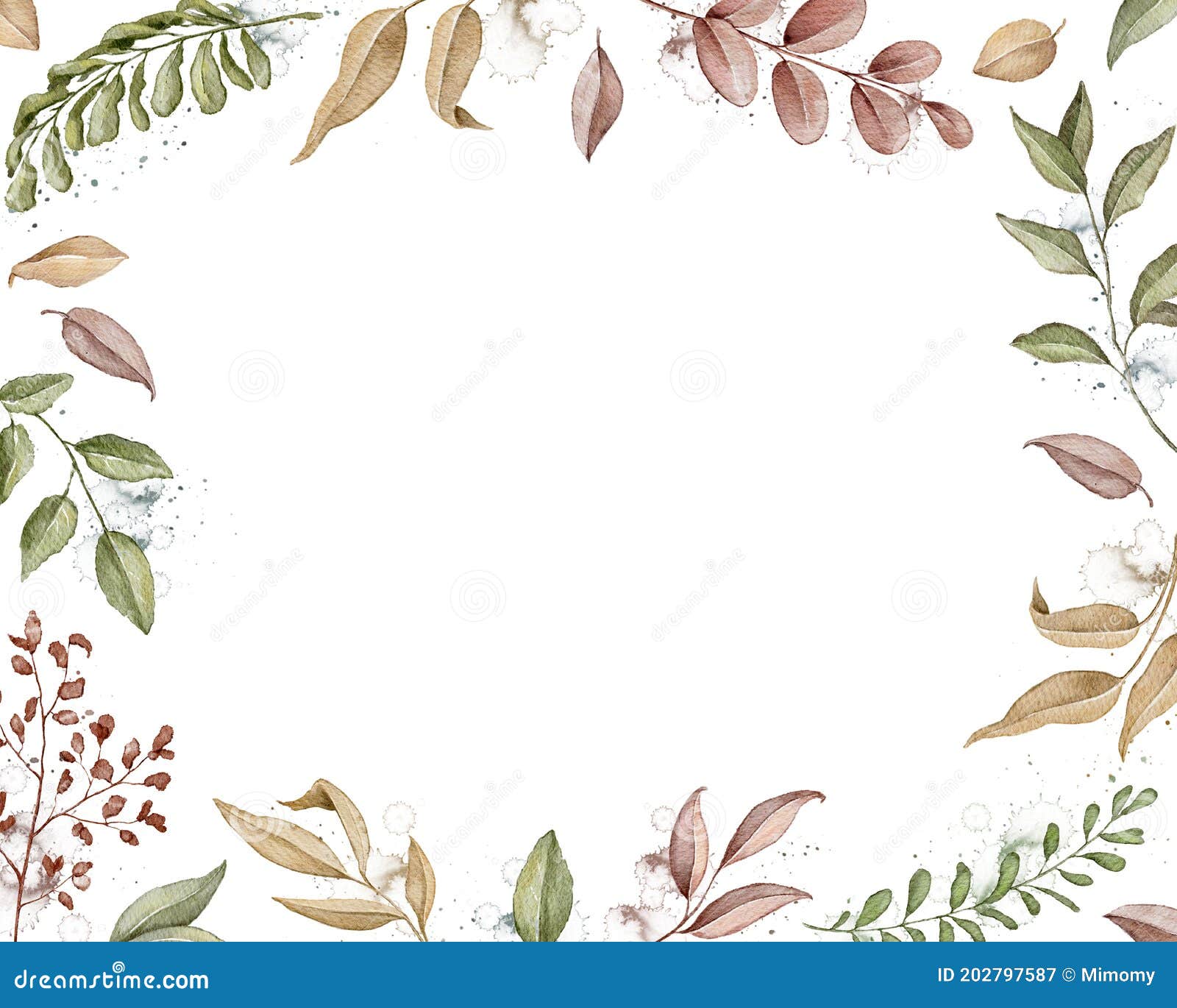 Watercolor Rectangular Frame with Autumn Varied Leaves and Plants Stock ...