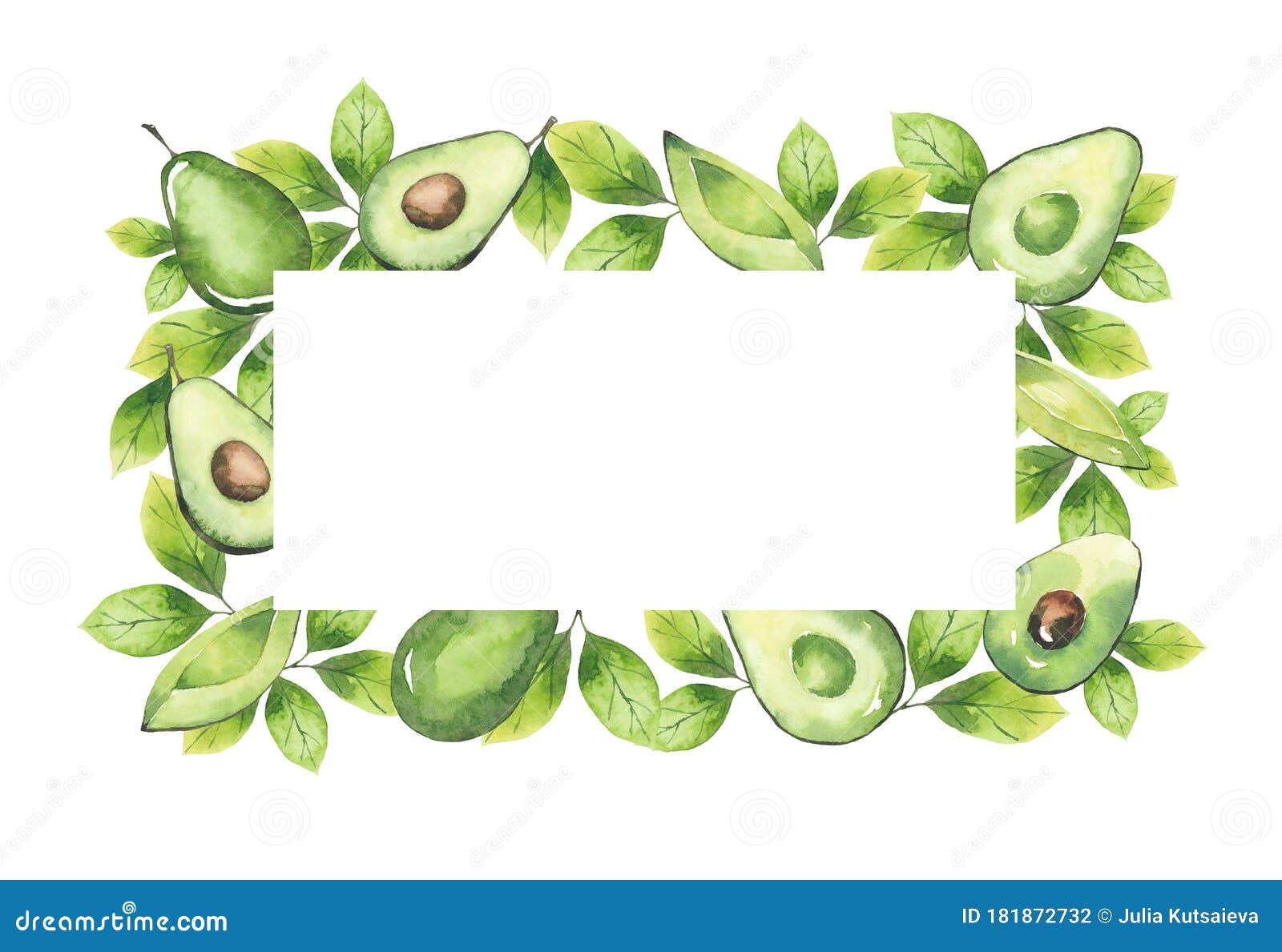 Watercolor Rectangular Frame from Avocado and Greenery Elements ...